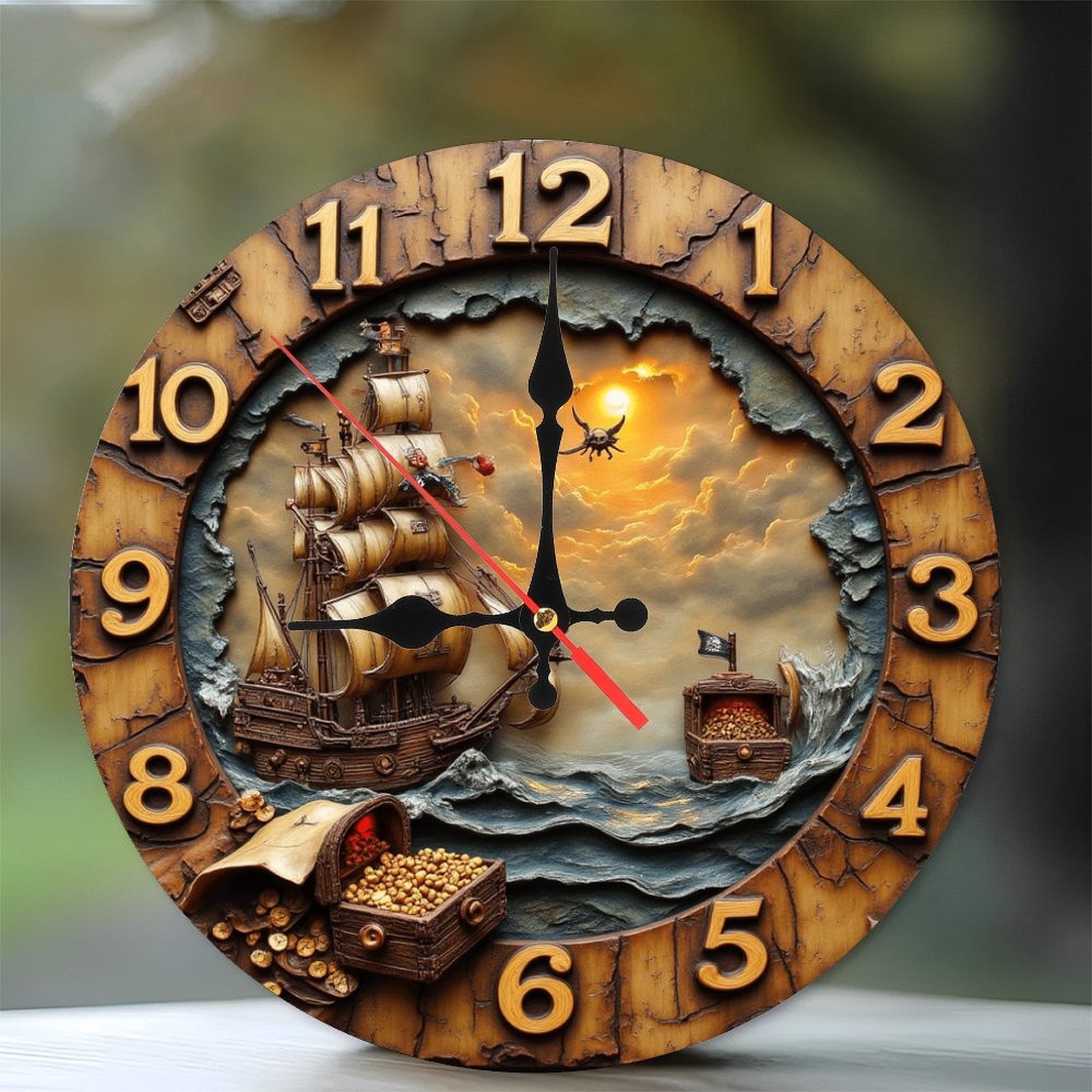 Pirate Ship Treasure Clock Wall Art Decor 12-Inch Silent Wooden Wall ...