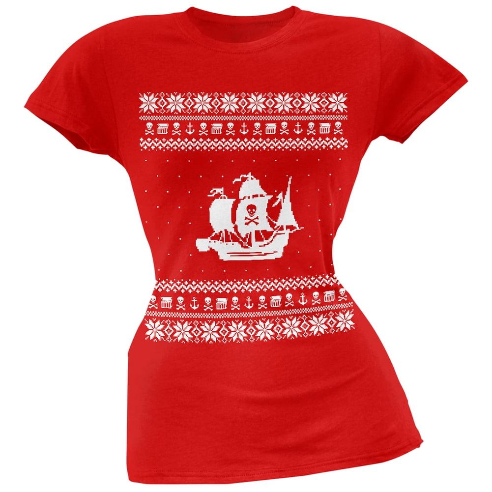 Pirate Ship Ugly Christmas Sweater Red Juniors T-Shirt - Large ...