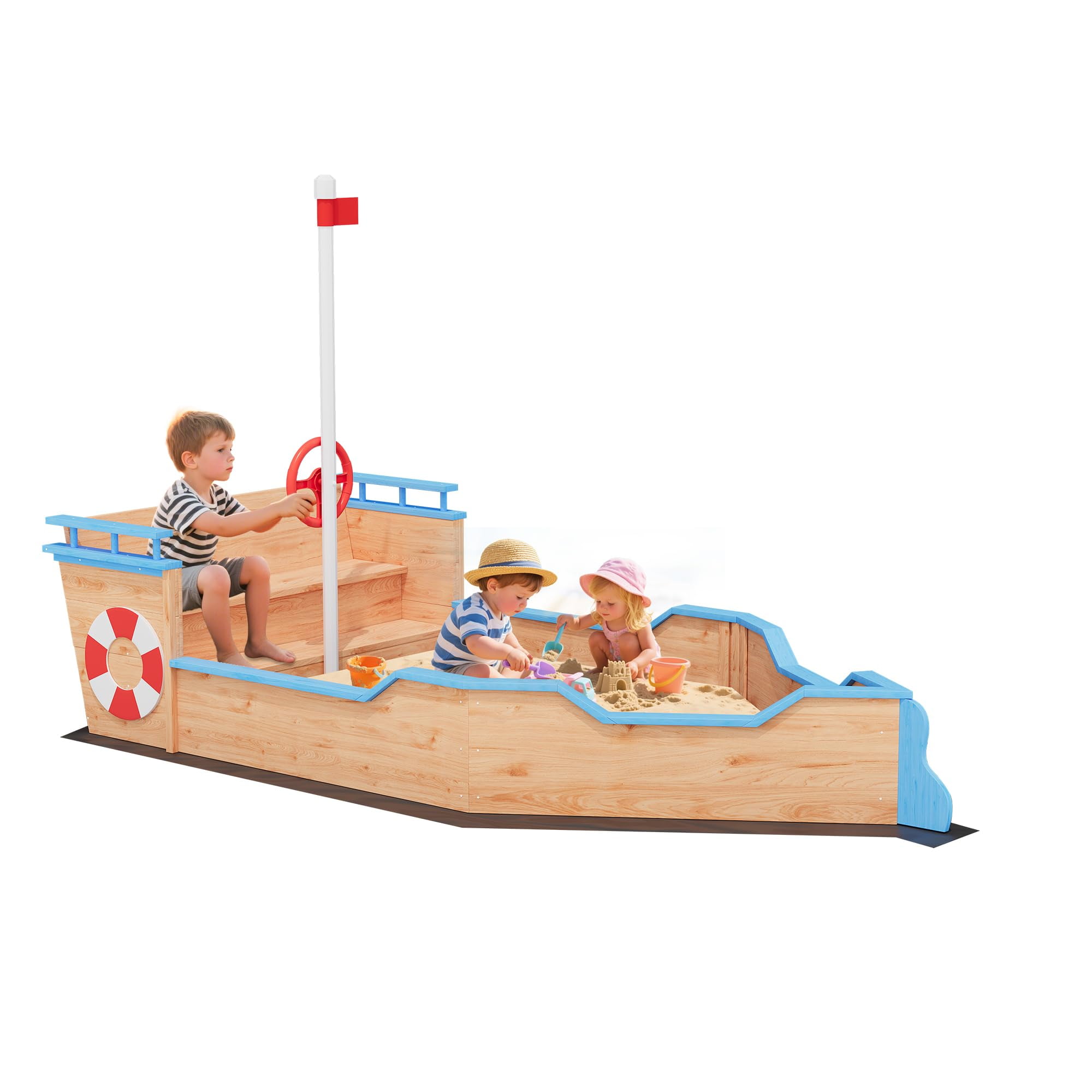 Pirate Ship Wooden Sandbox,Outdoor Sand Box with 2 Bench Seats,Bottom ...