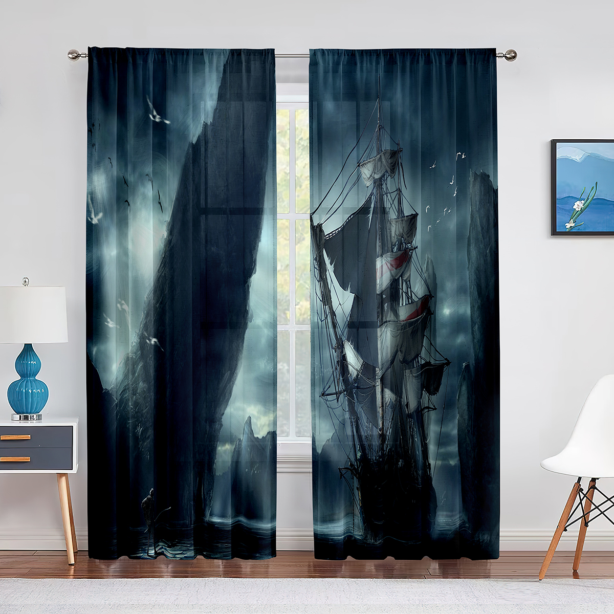 Pirate Ship l Fantasy Ocean Starry Sky Tulle Curtains for Living Room ...