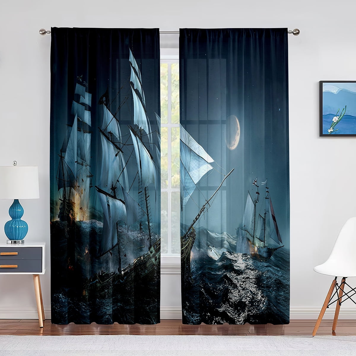 Pirate Ship l Fantasy Ocean Starry Sky Tulle Curtains for Living Room ...