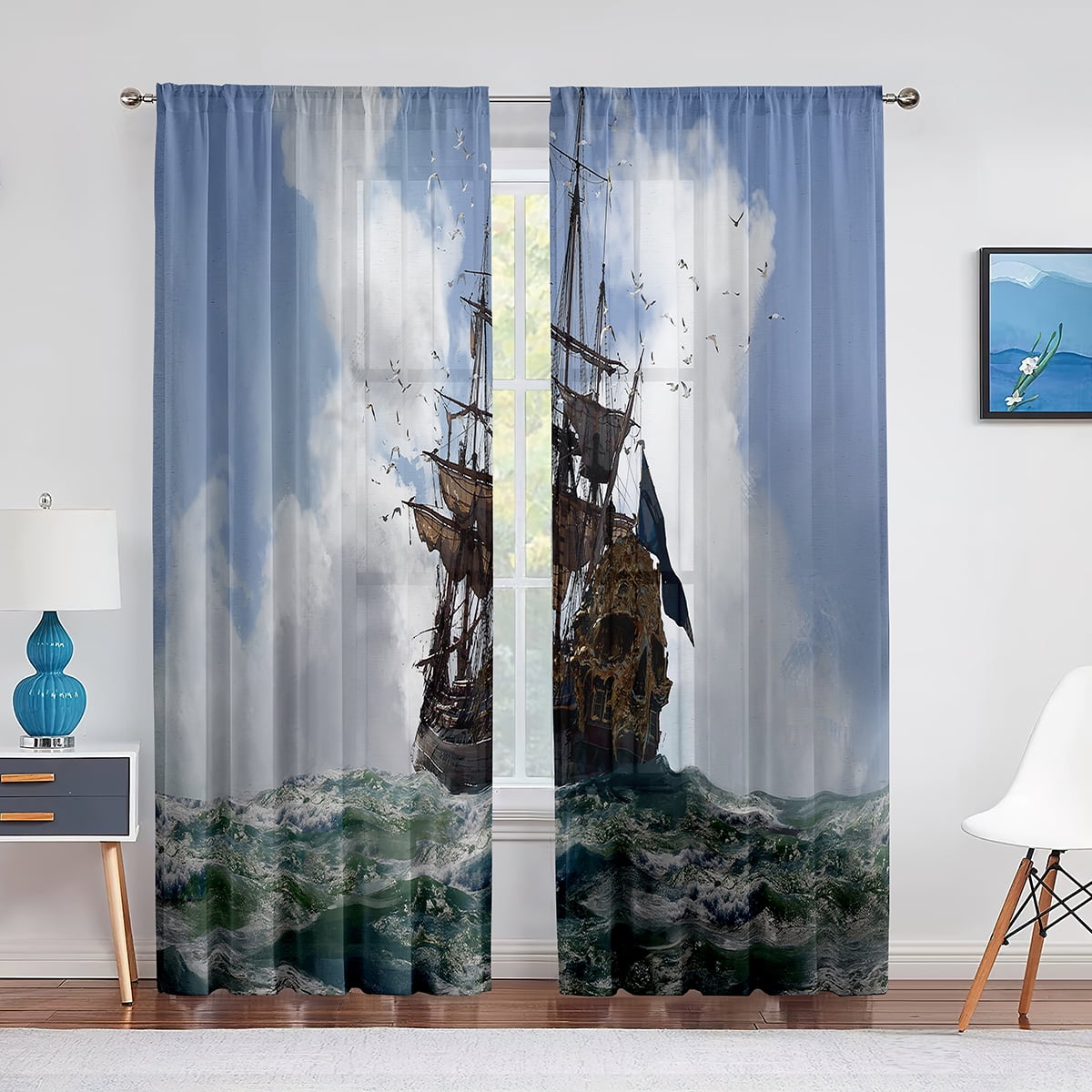 Pirate Ship l Fantasy Ocean Starry Sky Tulle Curtains for Living Room ...
