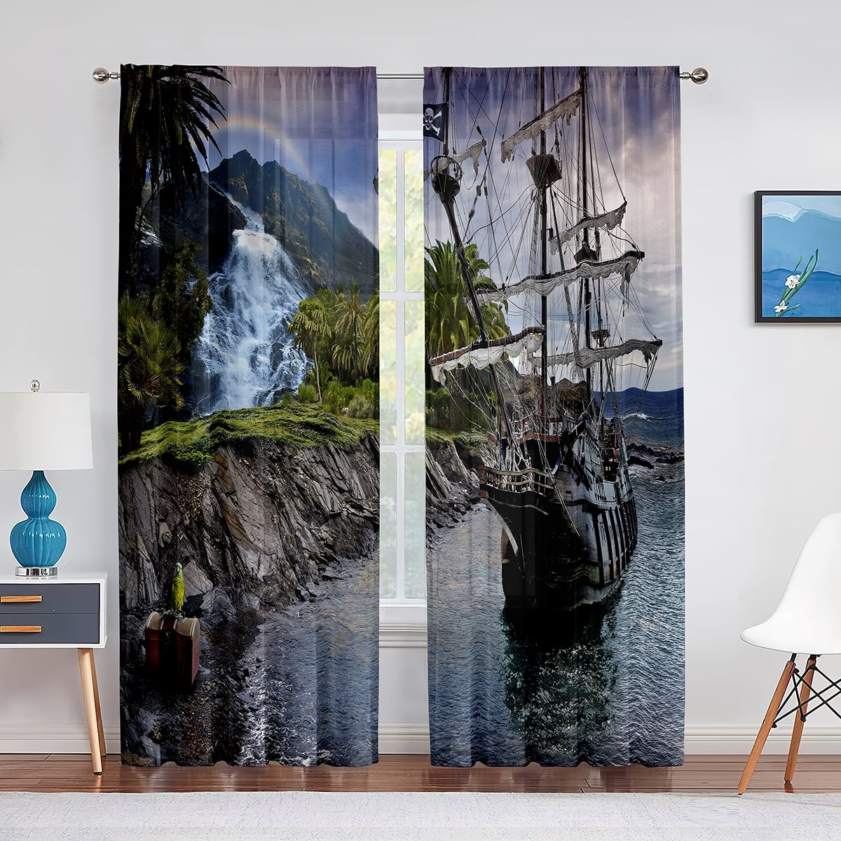 Pirate Ship l Fantasy Ocean Starry Sky Tulle Curtains for Living Room ...