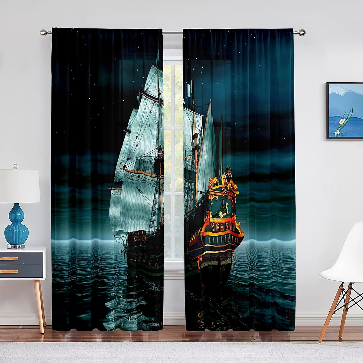 Pirate Ship l Fantasy Ocean Starry Sky Tulle Curtains for Living Room ...