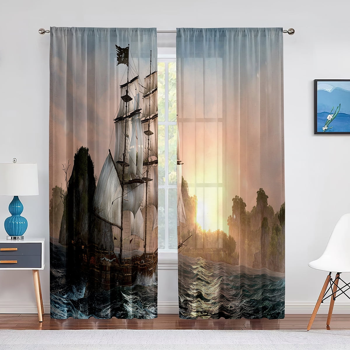 Pirate Ship l Fantasy Ocean Starry Sky Tulle Curtains for Living Room ...