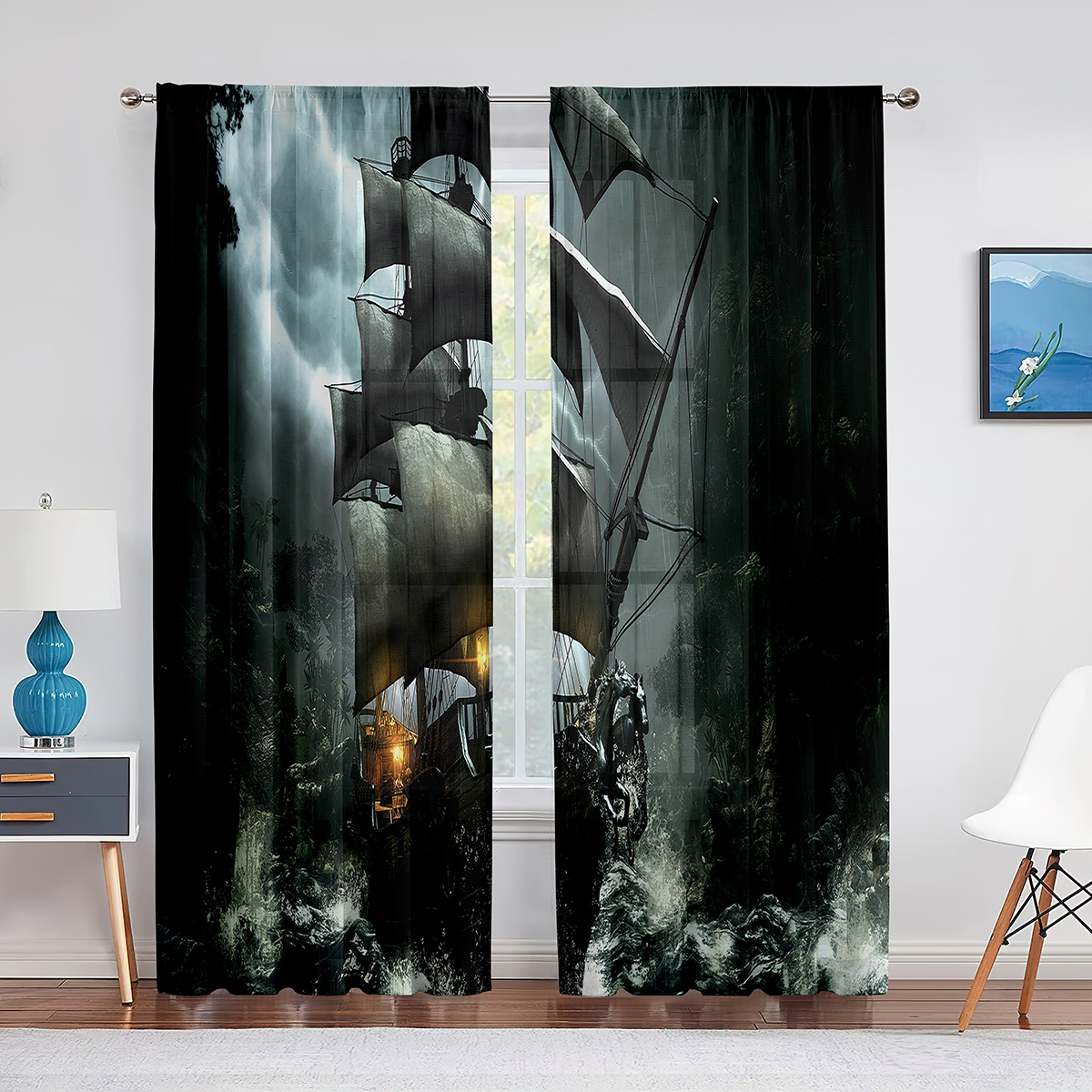 Pirate Ship l Fantasy Ocean Starry Sky Tulle Curtains for Living Room ...