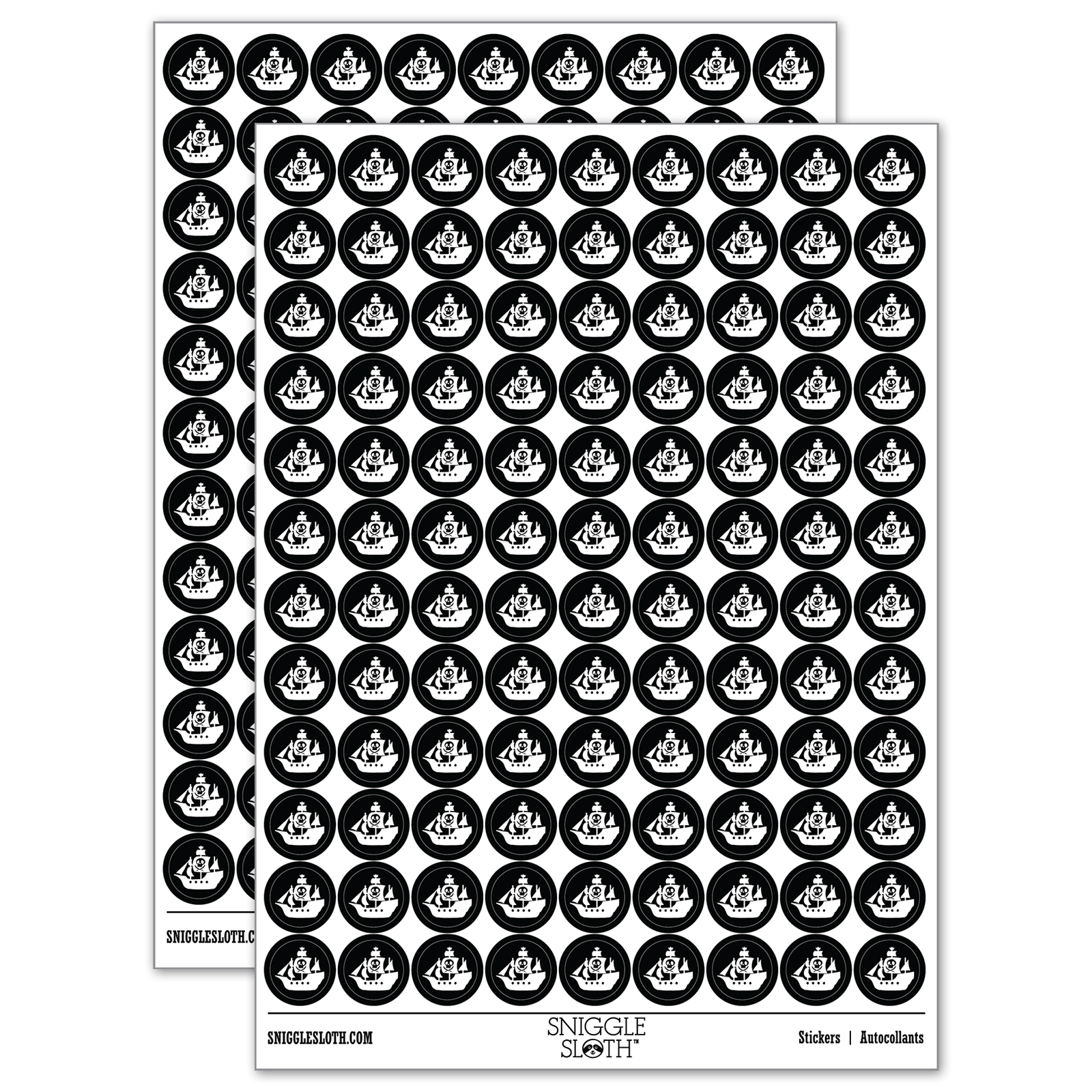 Pirate Ship with Jolly Roger Skull 200+ Round Stickers - Black - Gloss ...