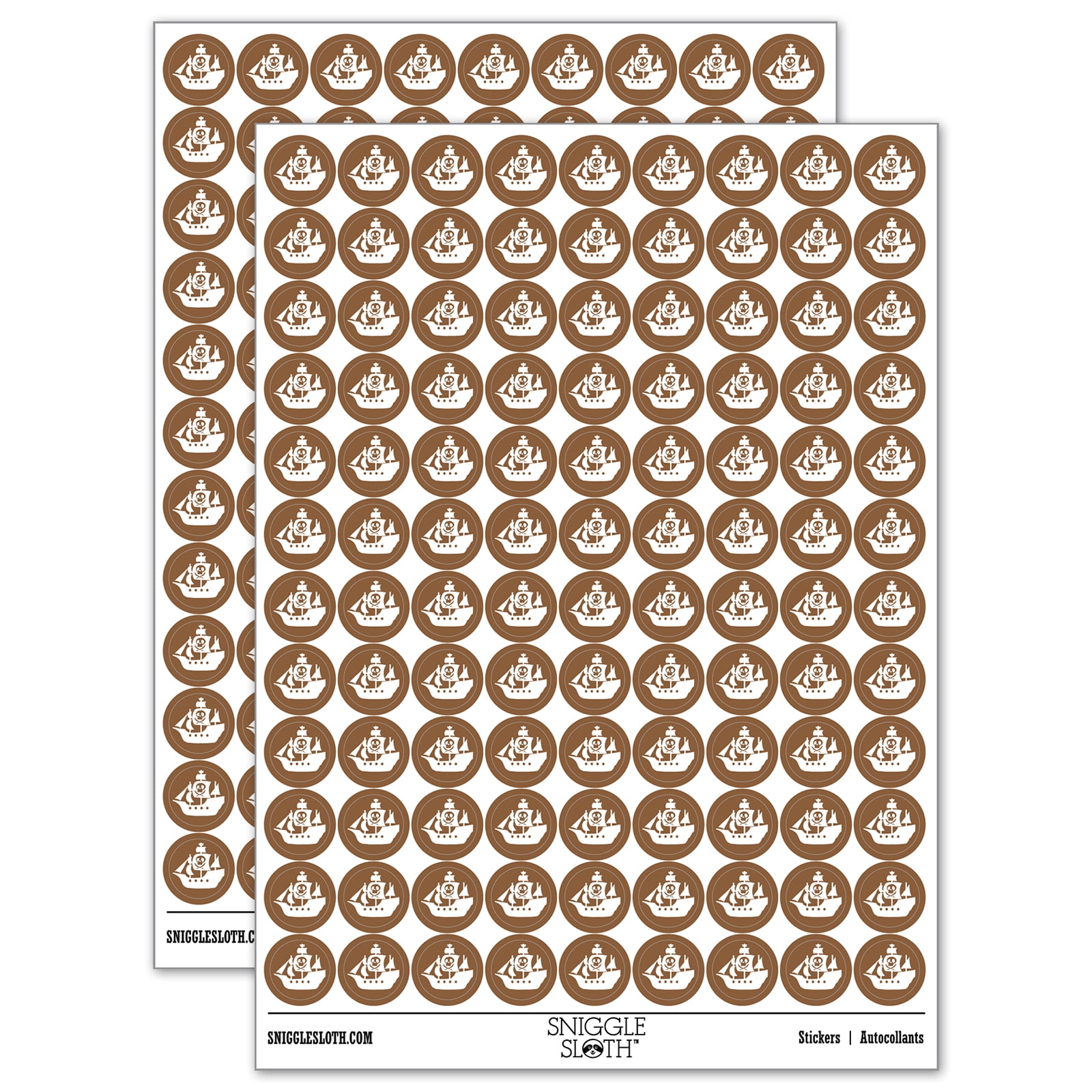 Pirate Ship with Jolly Roger Skull 200+ Round Stickers - Brown - Gloss ...