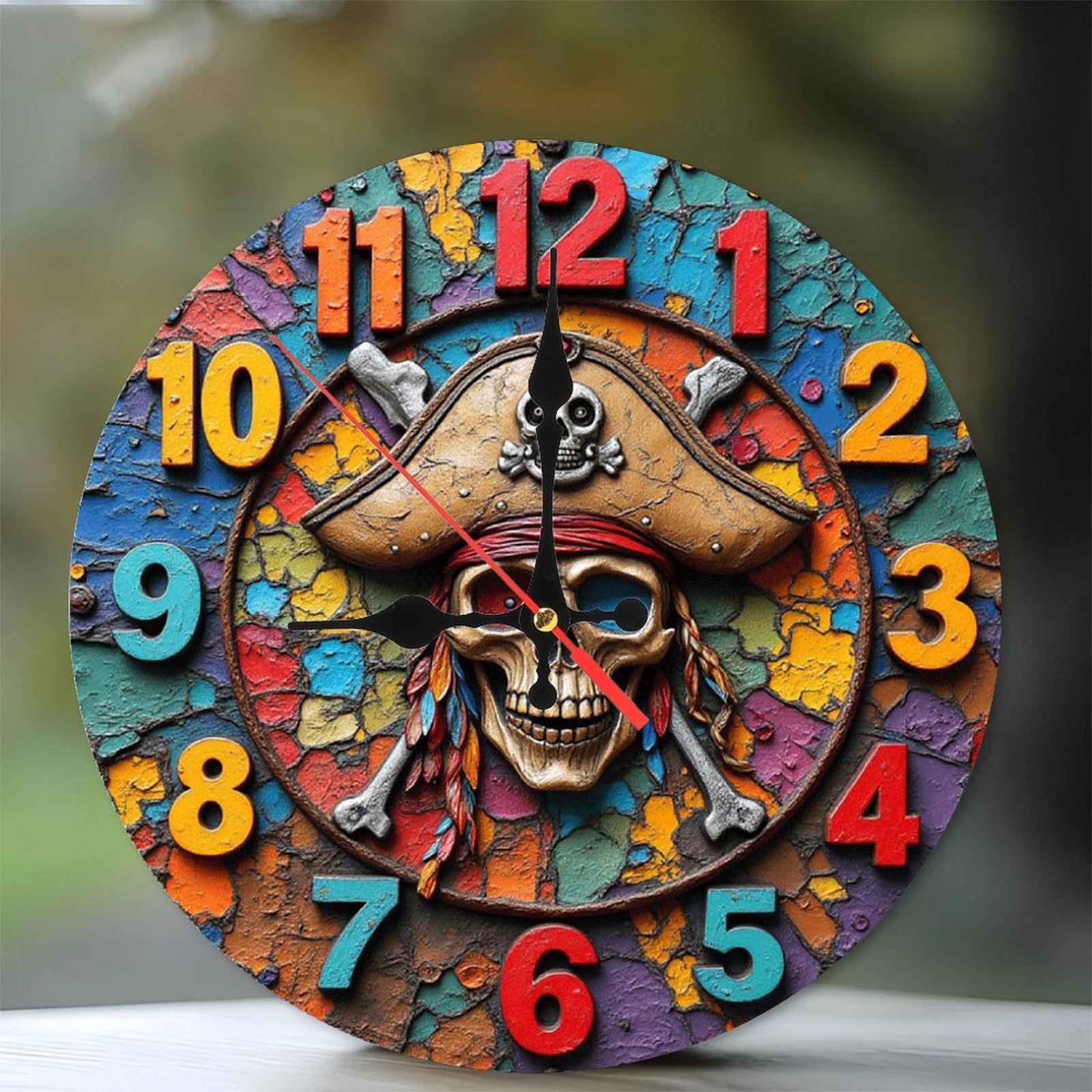 Pirate Skeleton Wall Clock Colorful Design Unique 10-Inch Silent Wooden ...