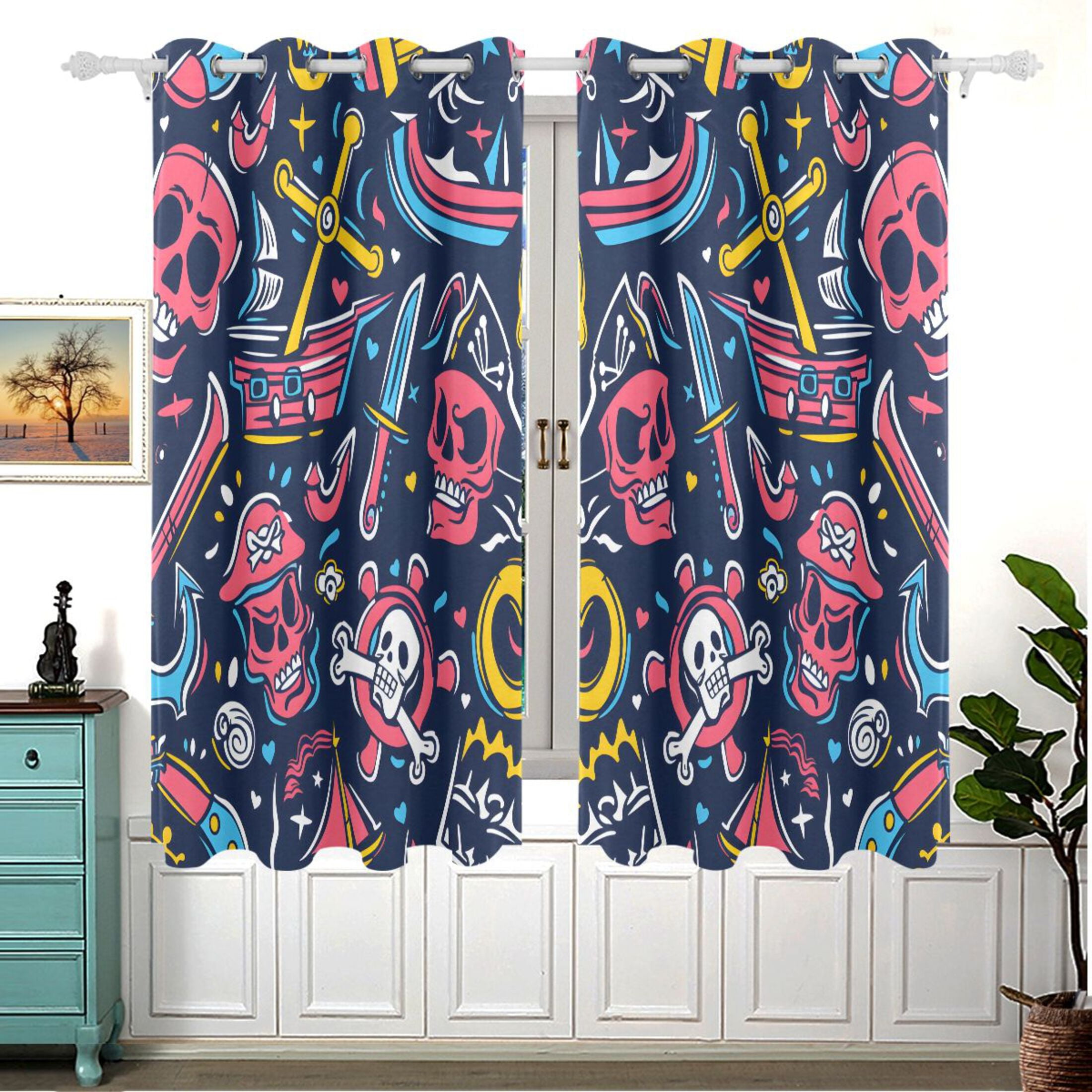 Pirate Skull Boat Knife Blackout Curtains 2 Panels Set Grommet Drapes ...