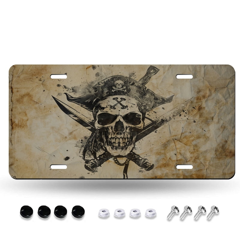 Pirate Skull with Crossed Swords on Aged Paper License Plate Frame ...