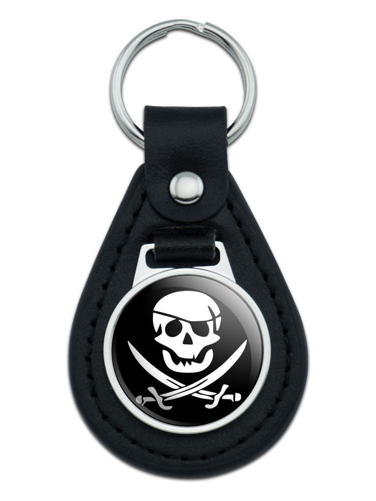 Pirate Skull Crossed Swords Jolly Roger Black Leather Keychain ...