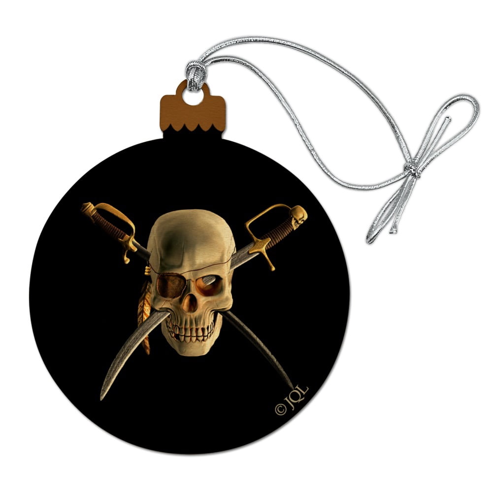 Pirate Skull Crossed Swords Patch Wood Christmas Tree Holiday Ornament ...