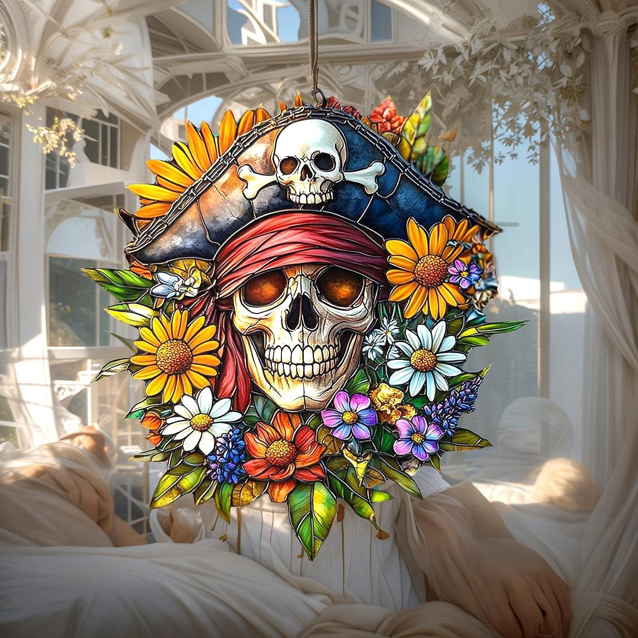 Pirate Skull Faux Wavy Acrylic Wavy Acrylic Suncatcher, Floral Skull ...