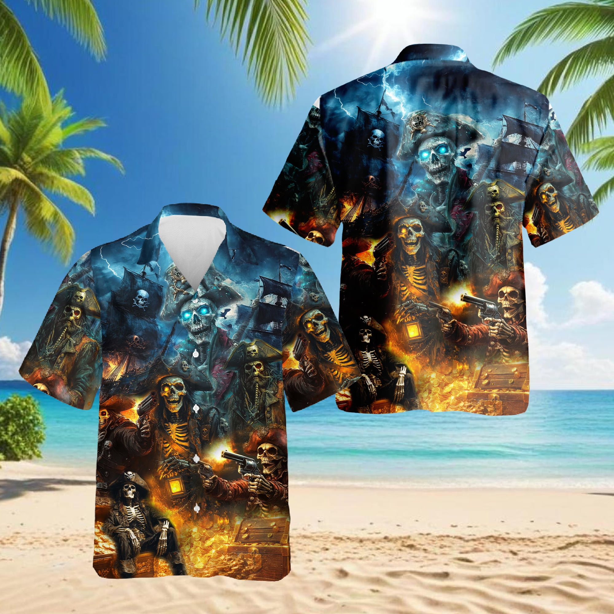 Pirate Skull Hawaiian Shirt for Men, Gothic Style, Button Down Summer ...