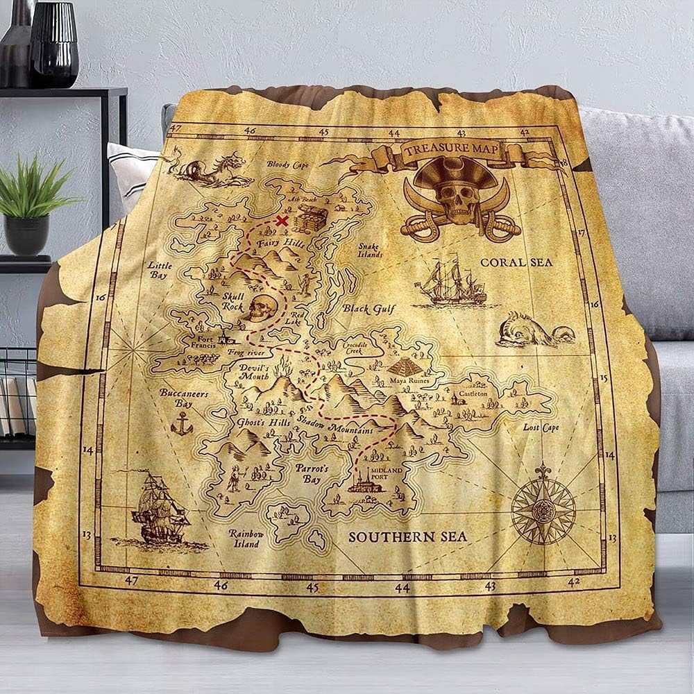 Pirate Skull Throw Blanket, Vintage Treasure Map Island Sailboat ...