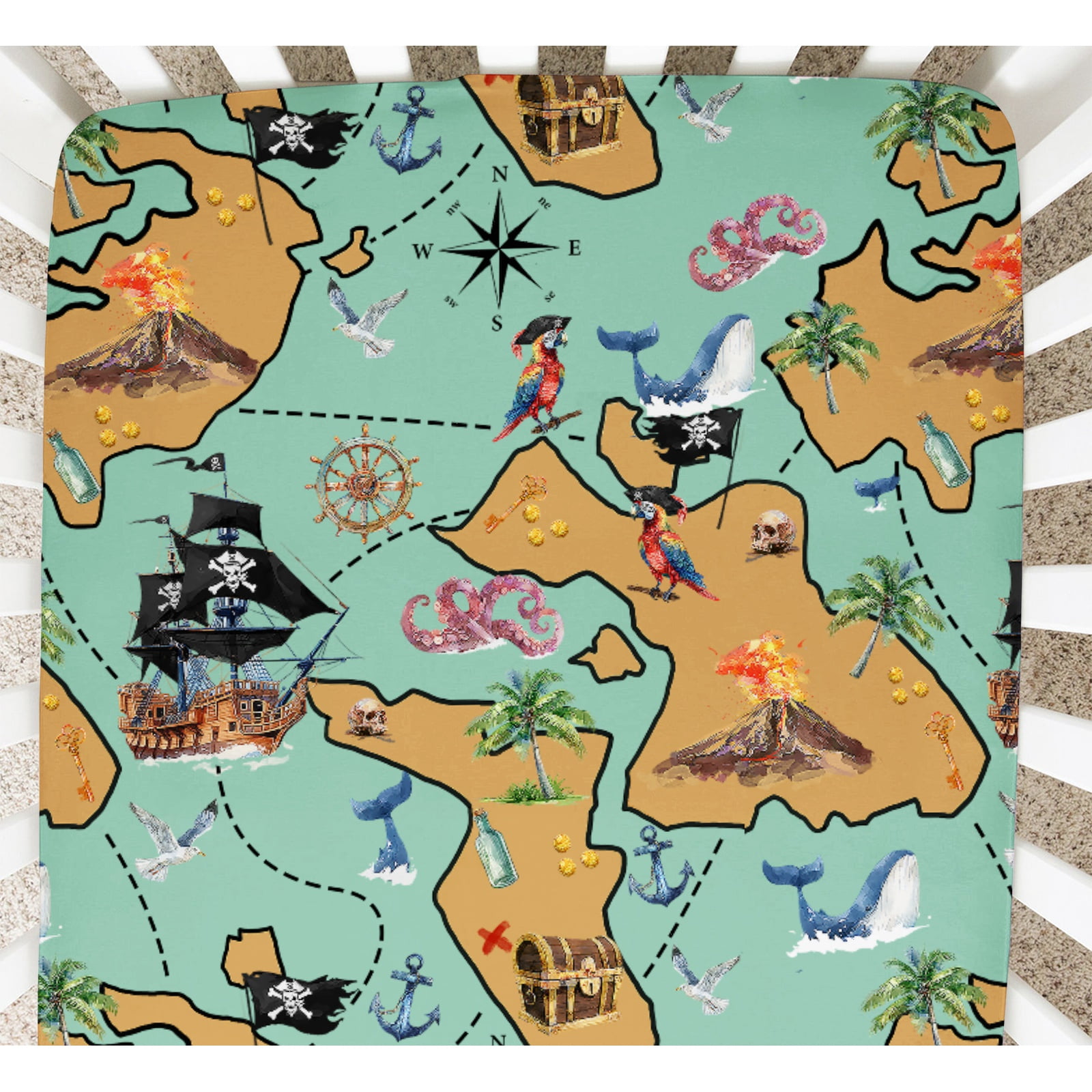 Pirate Treasure Map Baby Crib Sheets for Boy Girl Nautical Ship Anchor ...