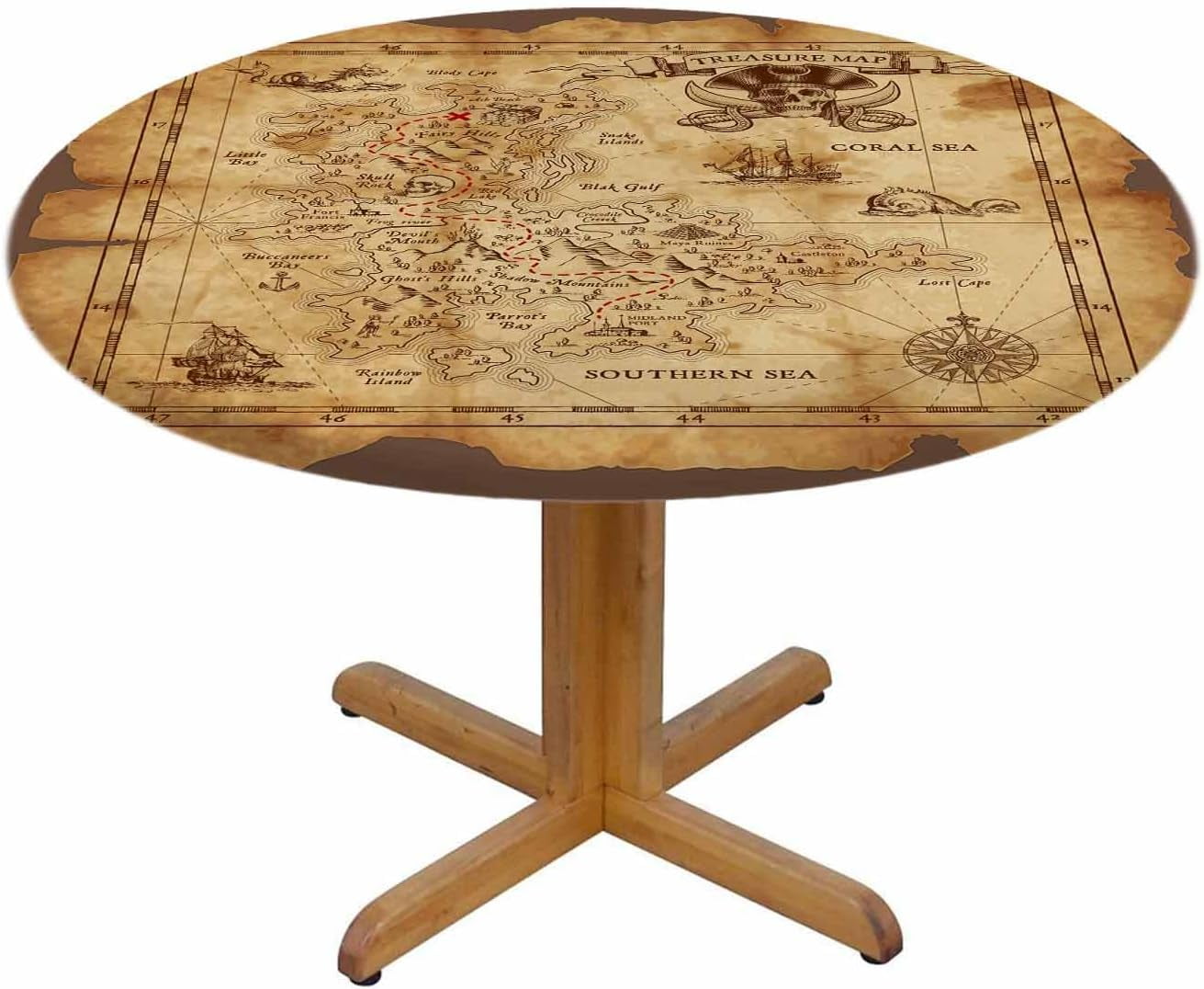 Pirate Treasure Map Round Tablecloth Ruined Old Parchment Waterproof ...