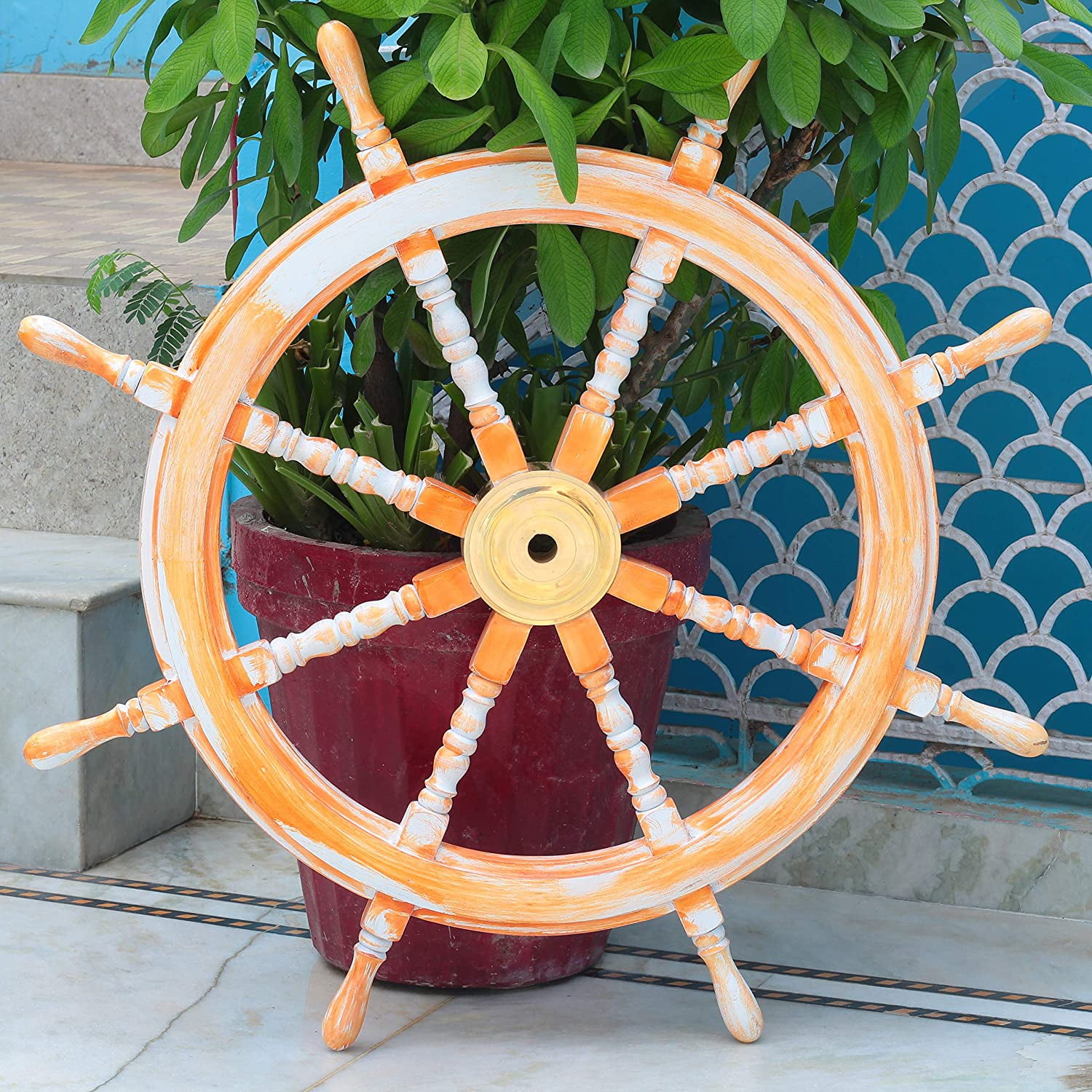 Pirate's Ship Wheel | Distressed Orange Weather Finish | Nautical Wall ...