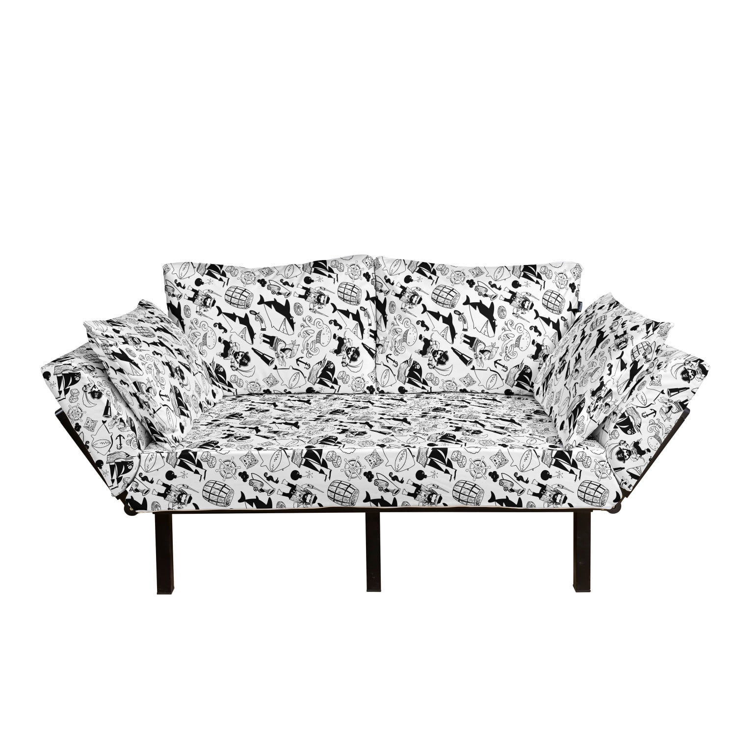 Pirates Futon Couch, Black and White Pattern with Buccaneer Characters ...