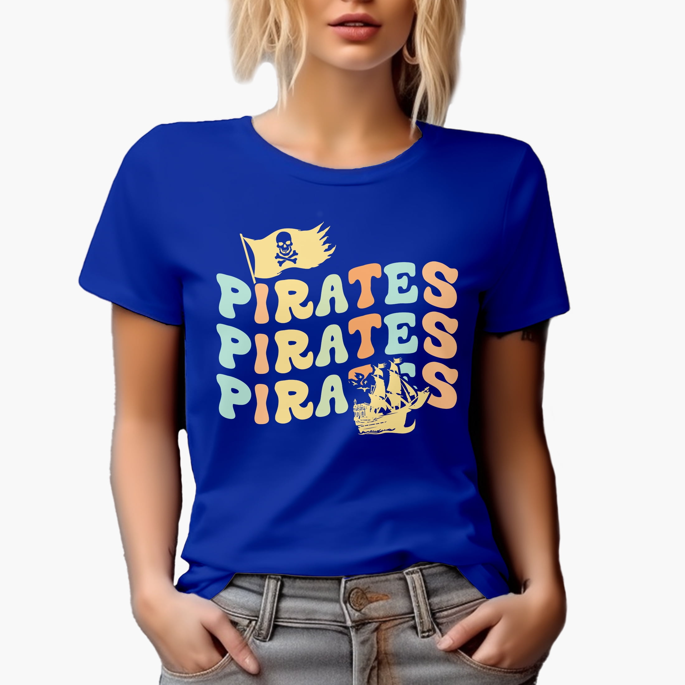 Pirates with Ship, Fiction Inspired, Groovy Retro Wavy Text Merch Gift ...