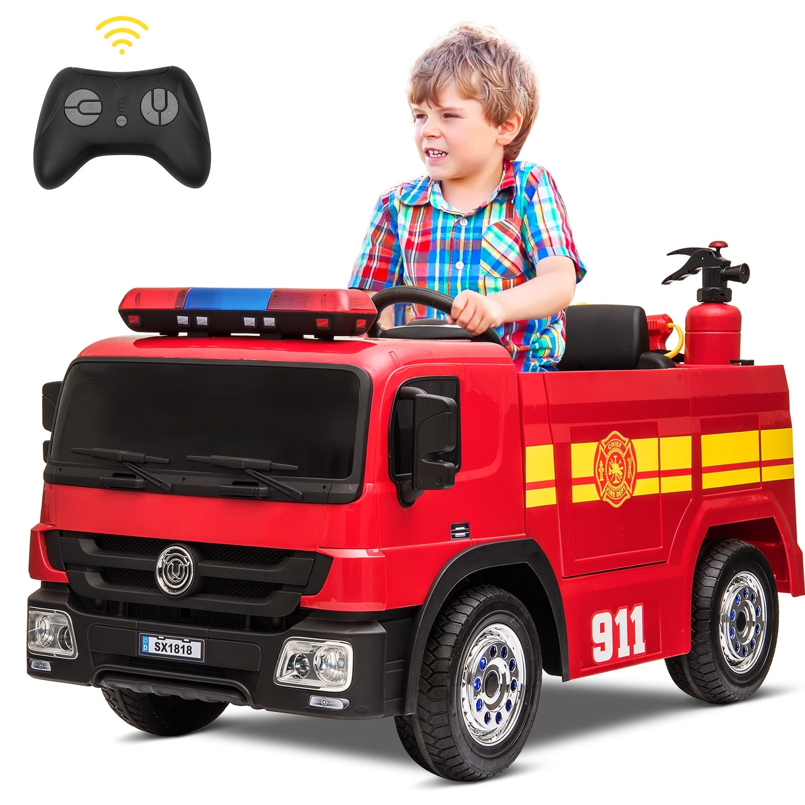 Pirecart 12V Kids Ride-On Fire Truck Toy with Remote Control, LED ...