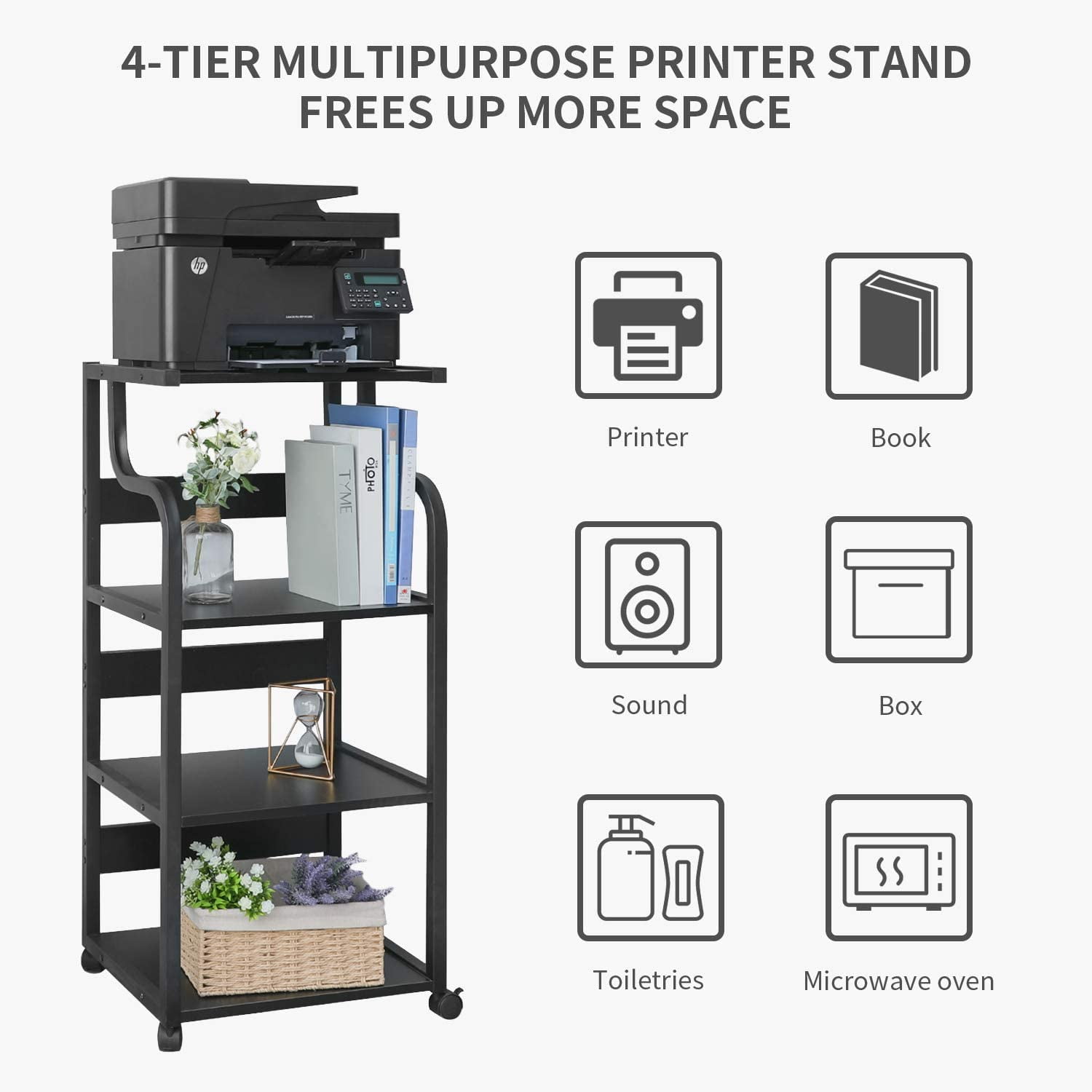 Pirecart 4-Tier Mobile Printer Cart Desk Machine Stand Storage Rack ...