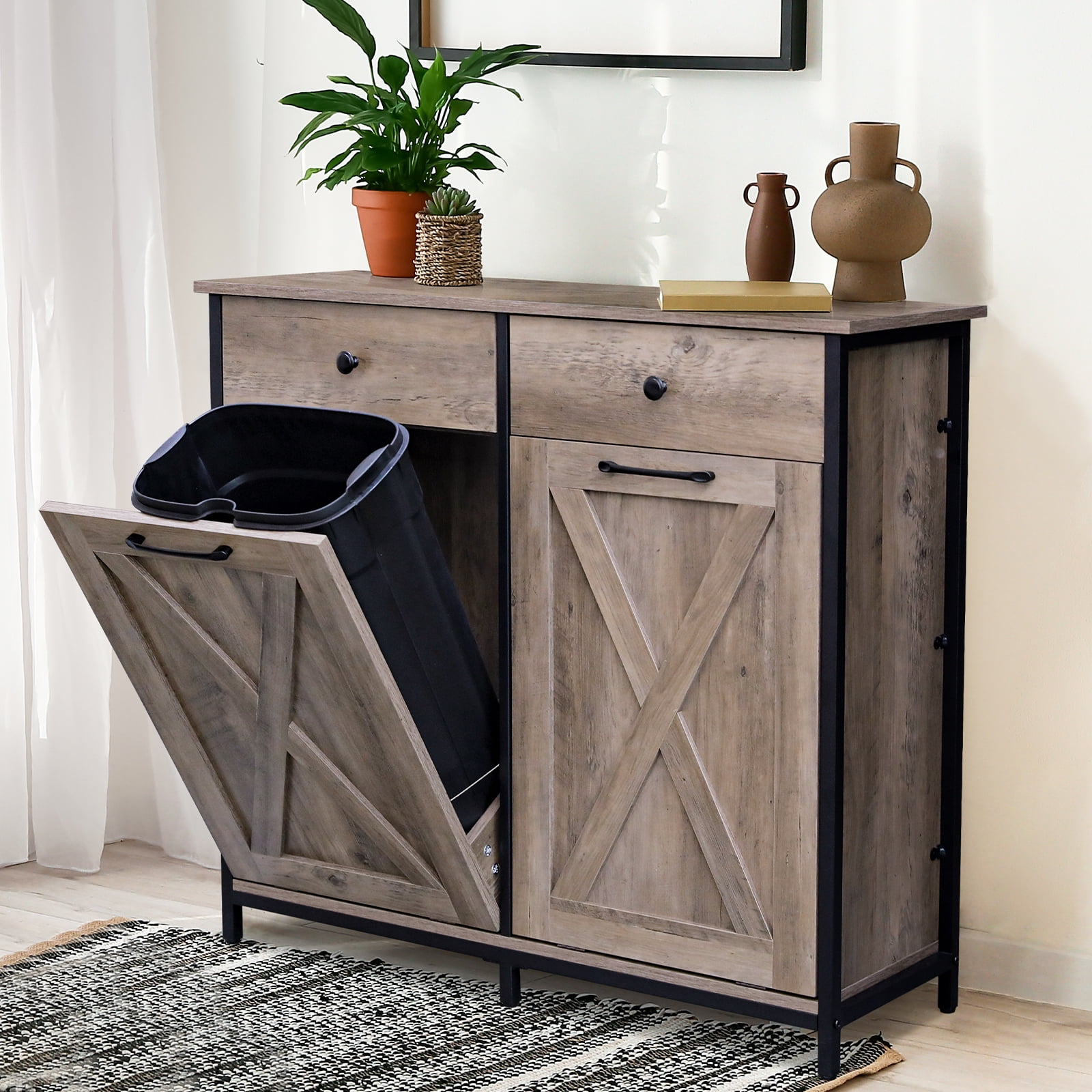 Pirecart Wooden Dual Hidden Garbage Bin, Tilt Out 20 Gallon Trash Can ...