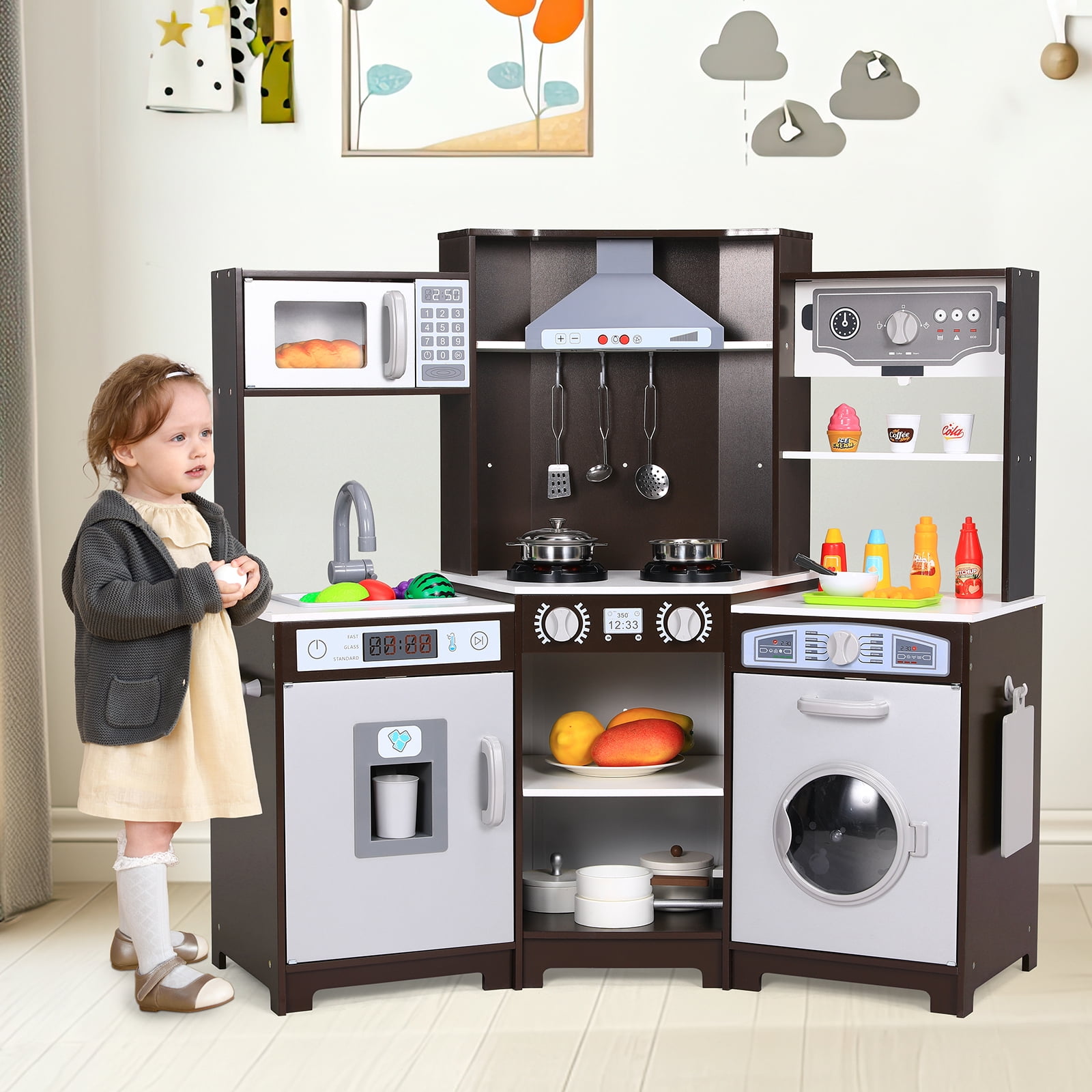 Pirecart Kids Play Kitchen Corner Wooden Pretend Toddler Toys Playset ...