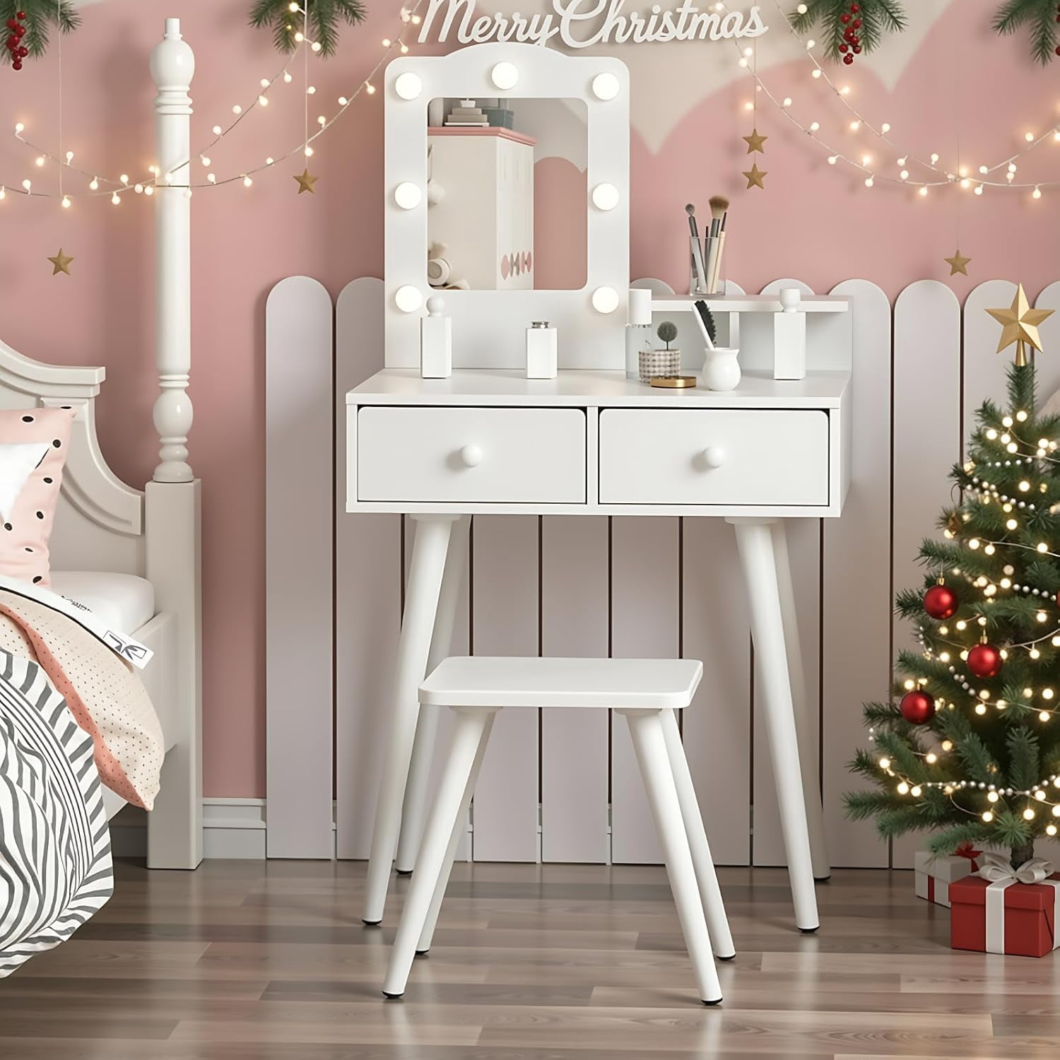 Pirecart Kids Vanity Set with Lighted Mirror and 2 Drawers, Wooden ...