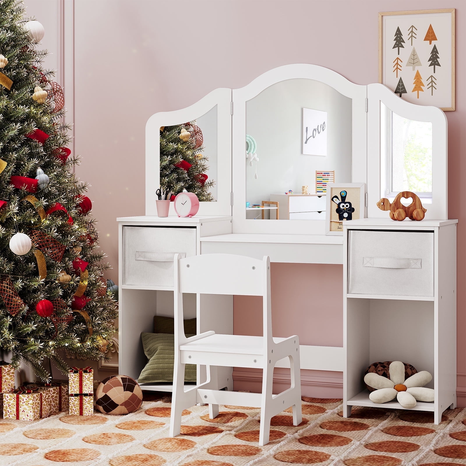 Pirecart Kids Vanity Table Set Tri-Folding Mirror and Makeup Dressing ...