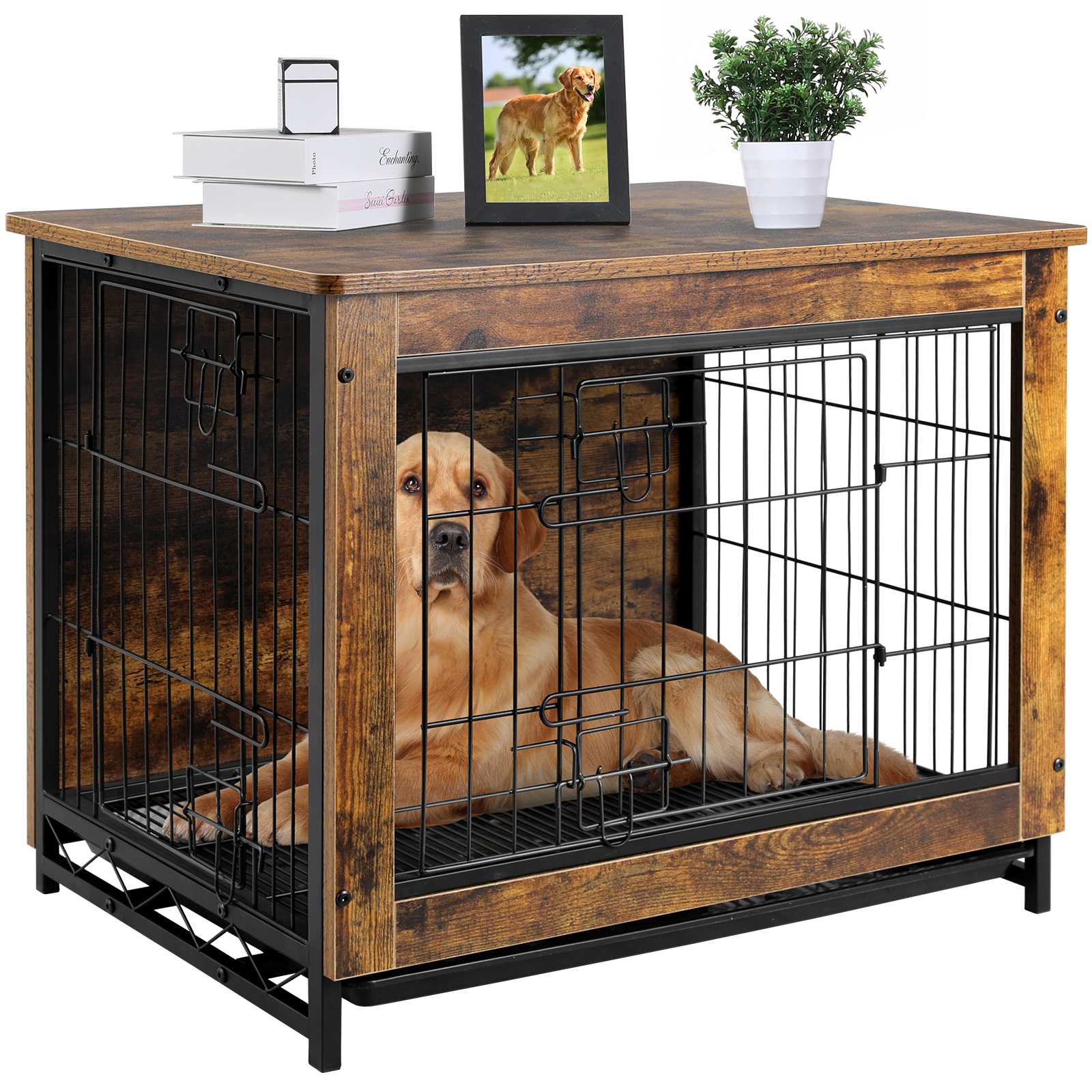 Pefilos 38" Wooden Dog Crate Furniture, Dog Kennel with Drawer, Indoor ...