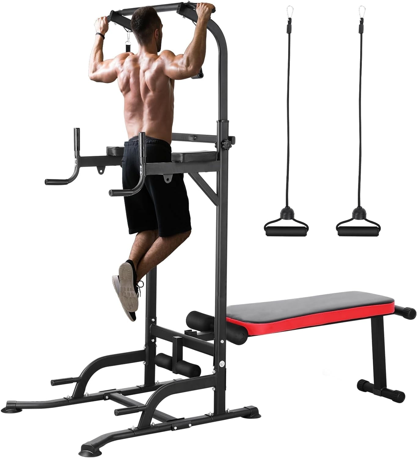 Pirecart Adjustable Power Tower, Pull Up Bar & Dip Station with Bench ...