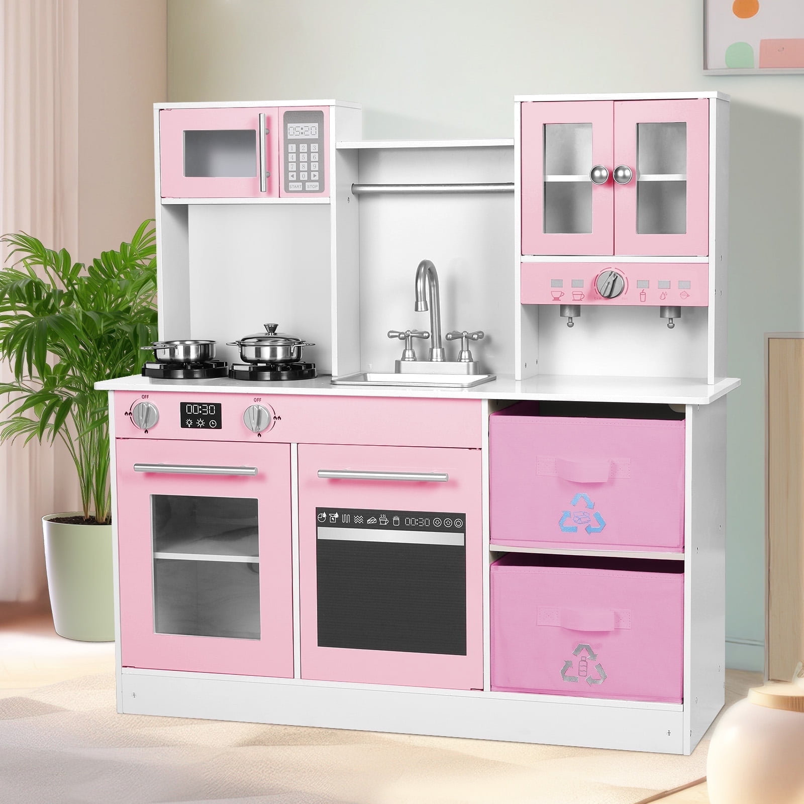 Pirecart Pretend Play Kitchen Wooden Kids Cooking Play Toy Set with ...