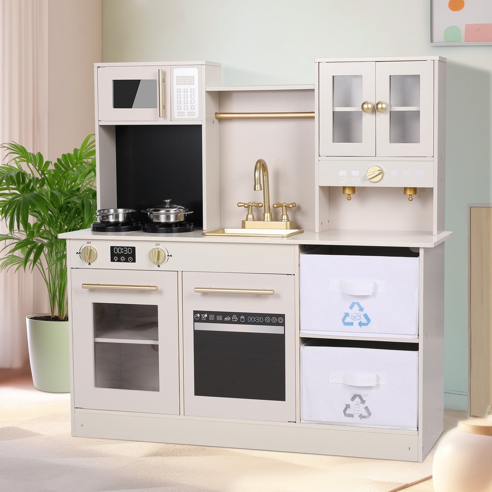 Pirecart Toddler Kitchen Playset Wooden Chef Pretend Playset with 2 ...