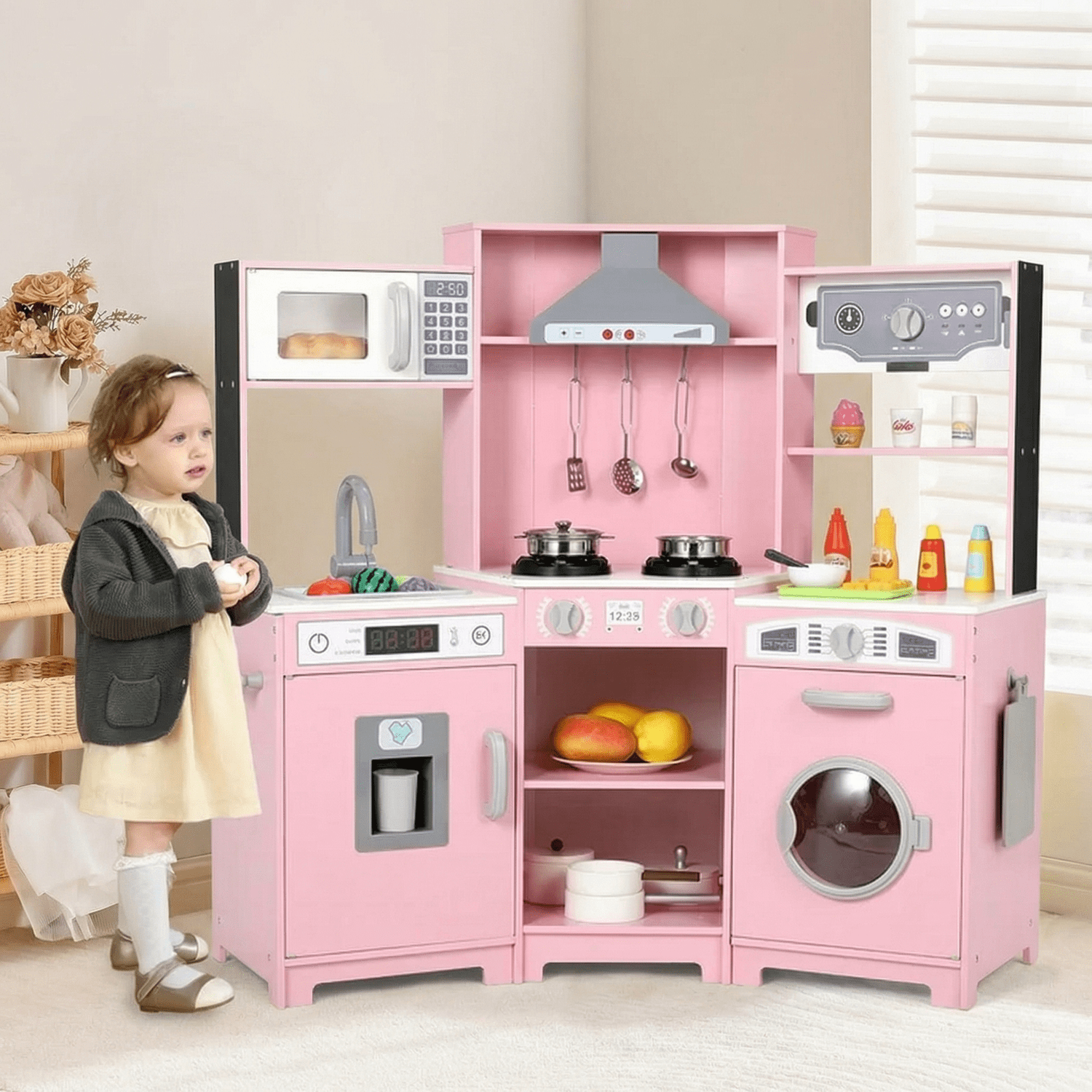 Pirecart Toddler Play Kitchen Corner Wooden Pretend Toys Playset with ...