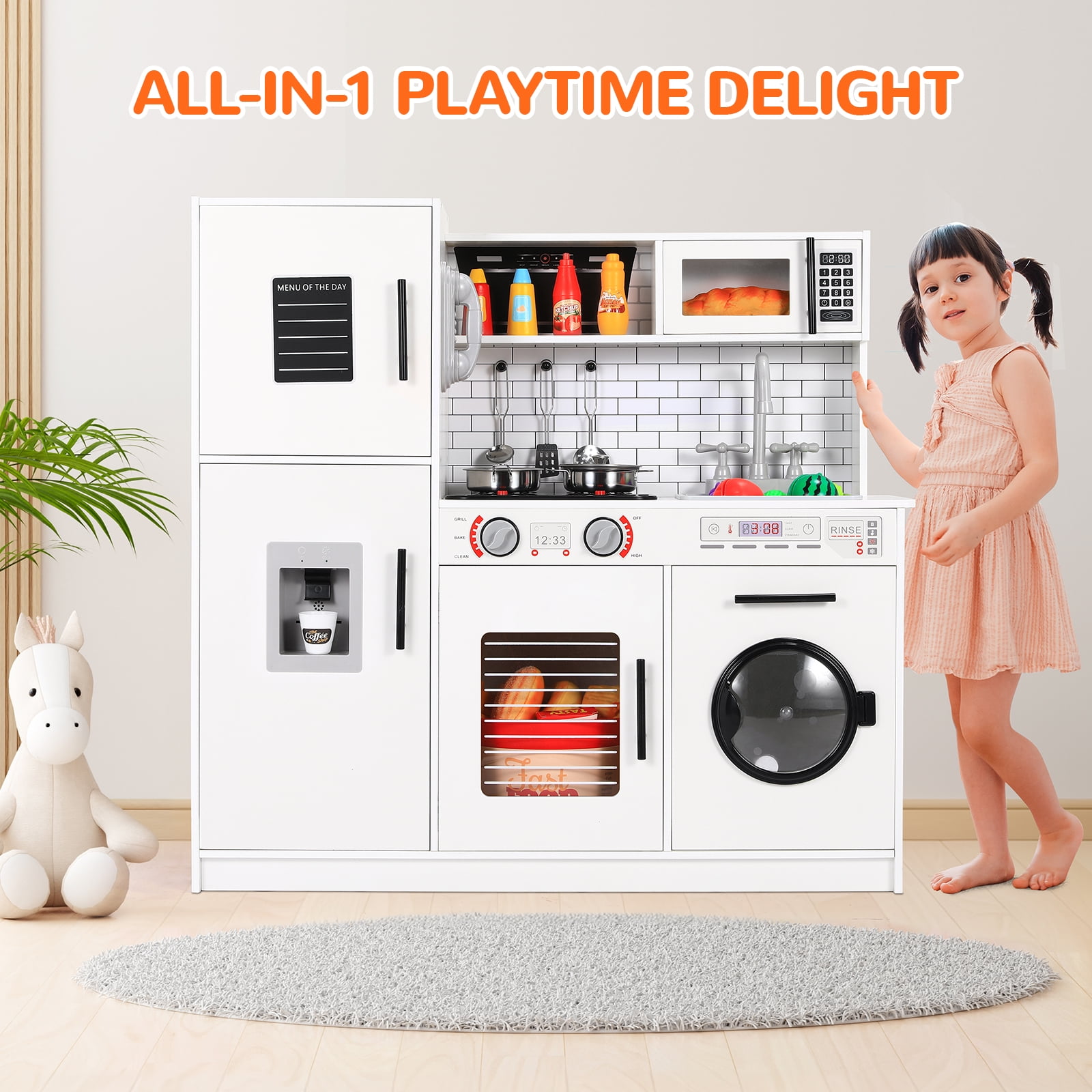 Pirecart Kids Kitchen Playset Wooden Kitchen Pretend Cooking Toy with ...