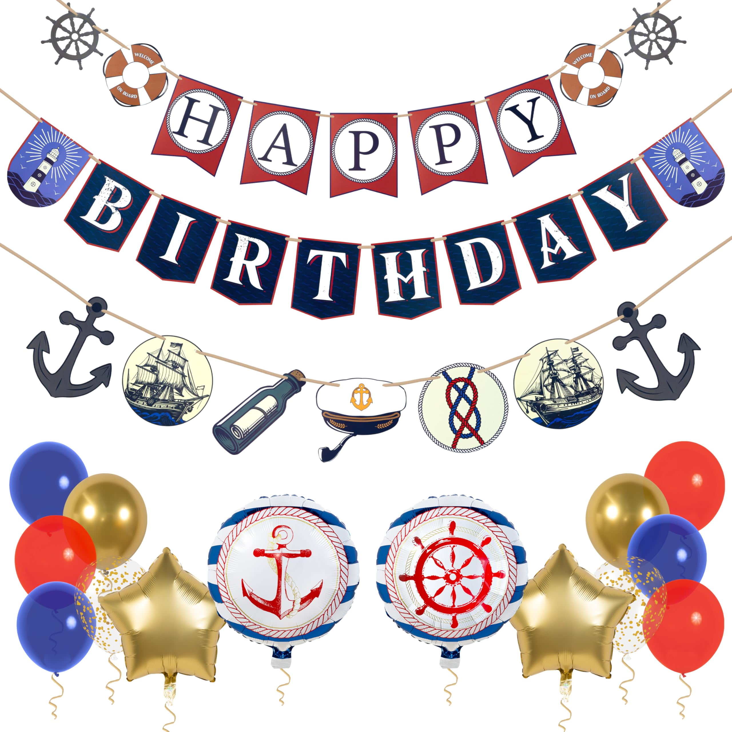 Pirese Nautical Birthday Banner, Nautical Birthday Decorations ...