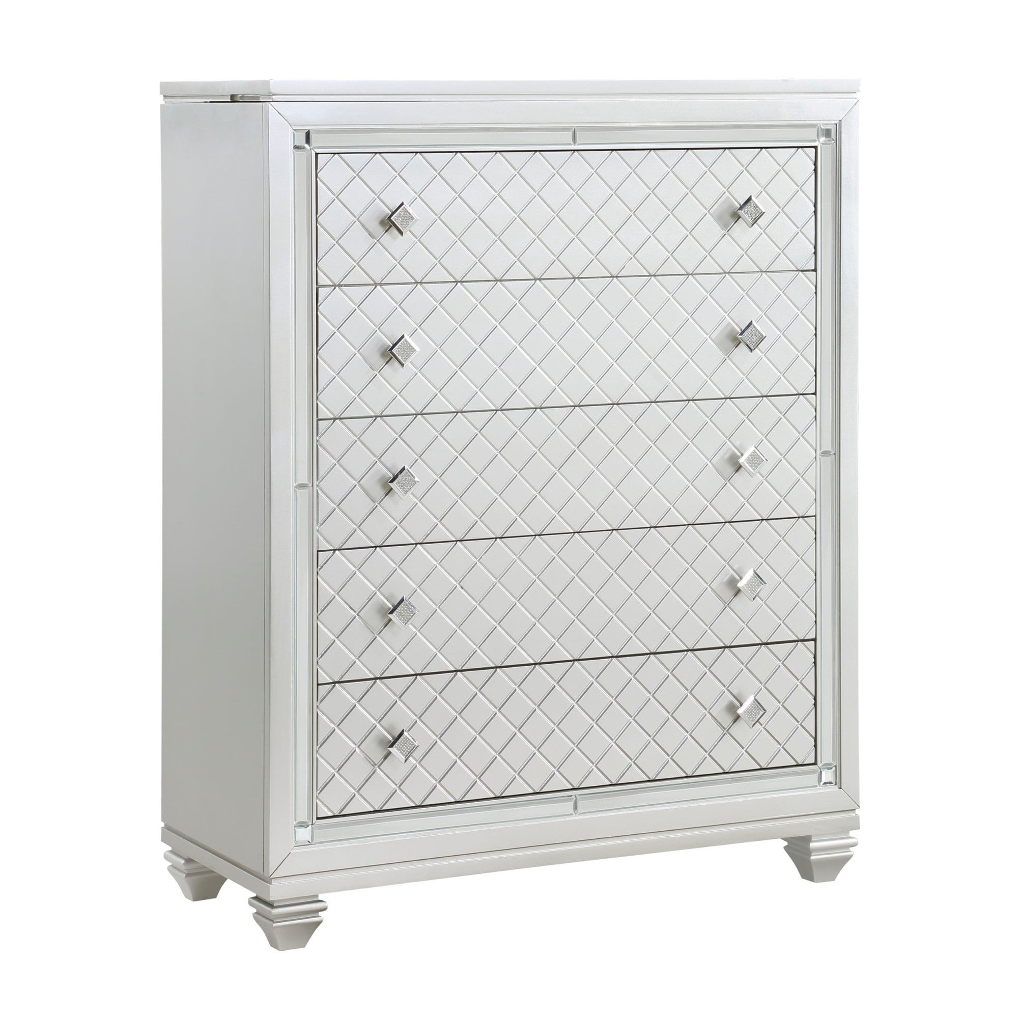 Piros 52 Inch 5 Drawer Tall Dresser Chest, Mirrored, Silver Diamond ...