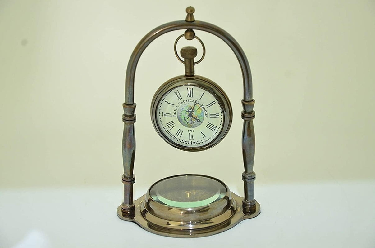 Piru Handmade Nautical Antique Brass Desk & Shelf Clock with Compass ...