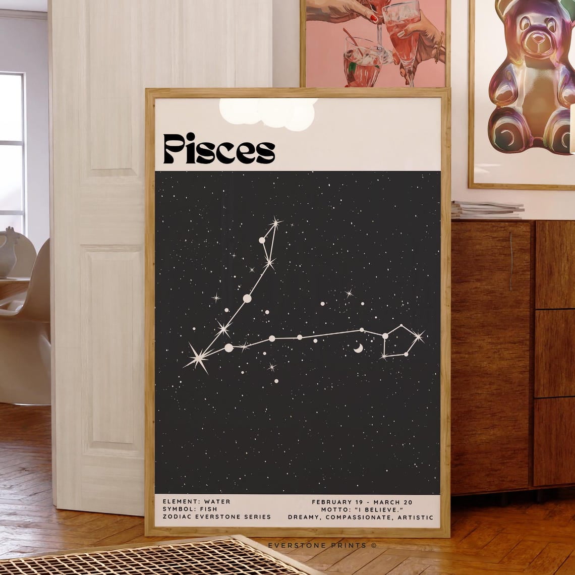 Pisces Poster, Zodiac Pisces Print, Retro Wall Decor, Large Art, Pisces ...