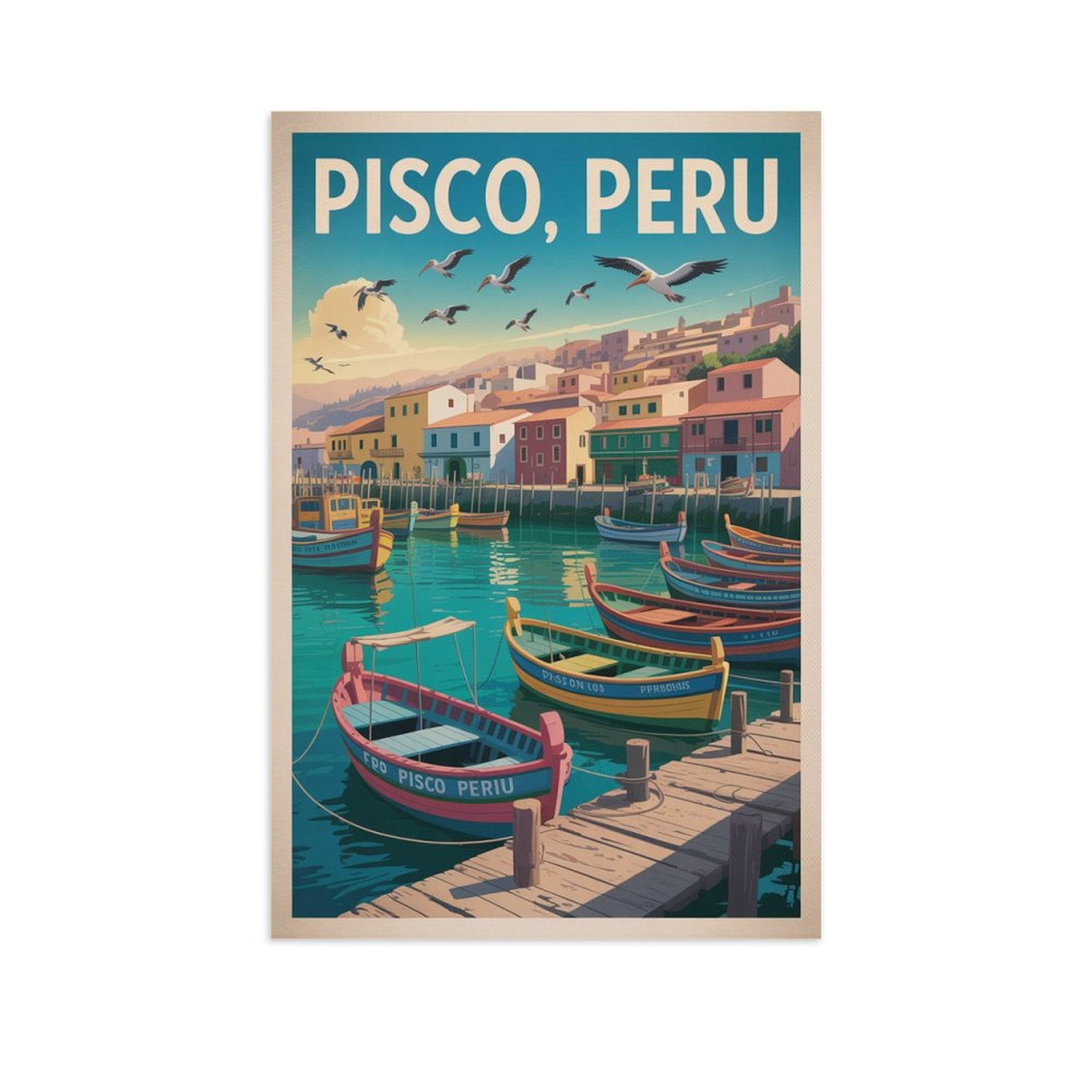 Pisco Peru Vintage City Travel Poster with Harbor, Boats, And Coastal ...