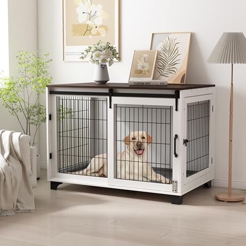 Piskyet Dog Crate Furniture Barn Door Dog Crate for Large Dogs Up to 80 lbs,Sliding Door Dog ...