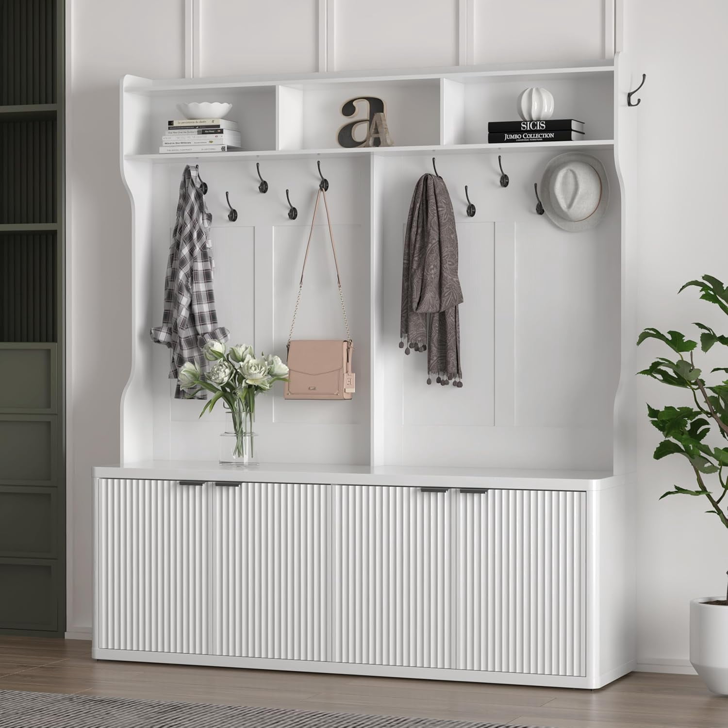 Piskyet Hall Tree with and Shoe Storage,60" W Morden Fluted Entryway ...