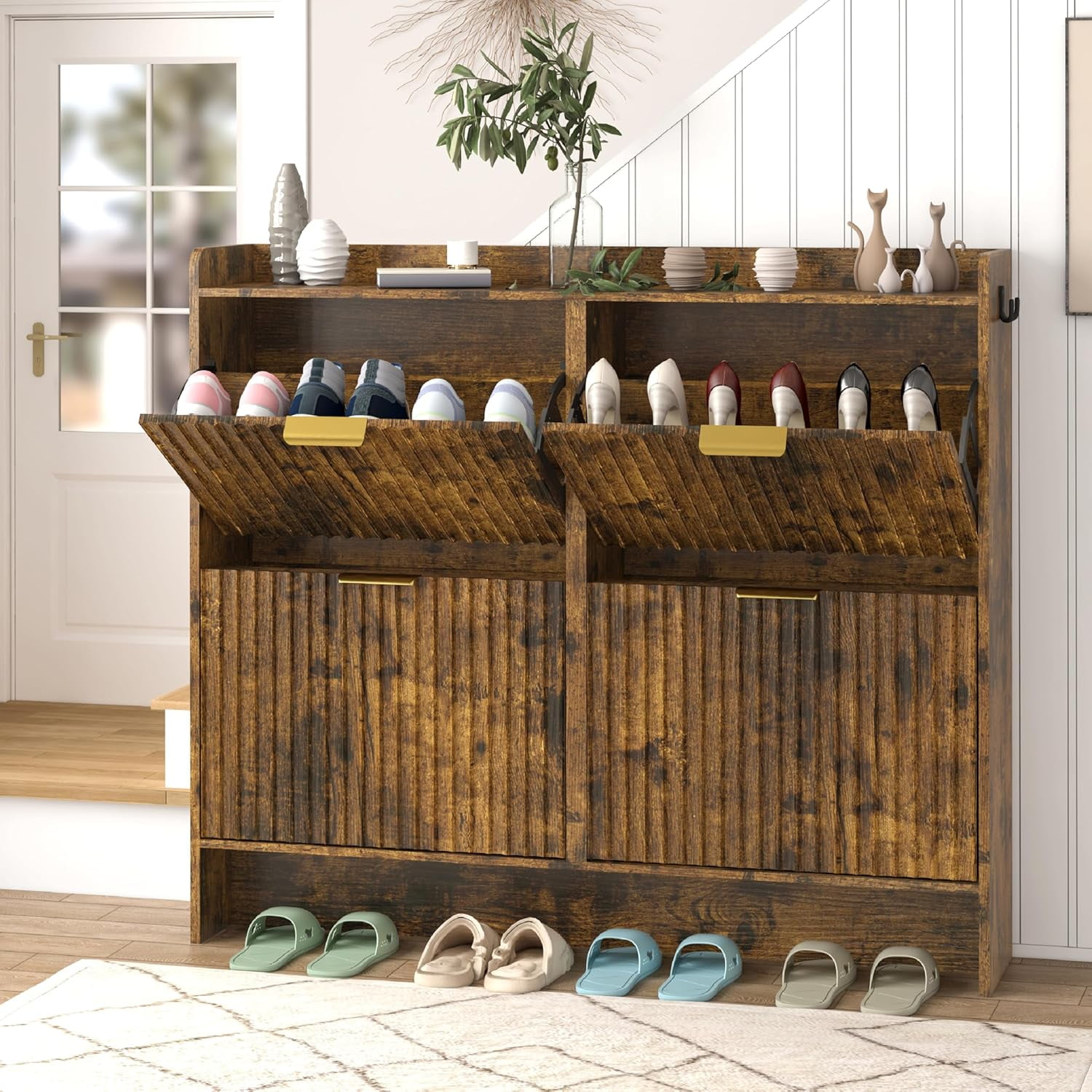 Piskyet Shoe Storage Cabinet with 4 Flip Drawers, Morden Fluted Narrow ...