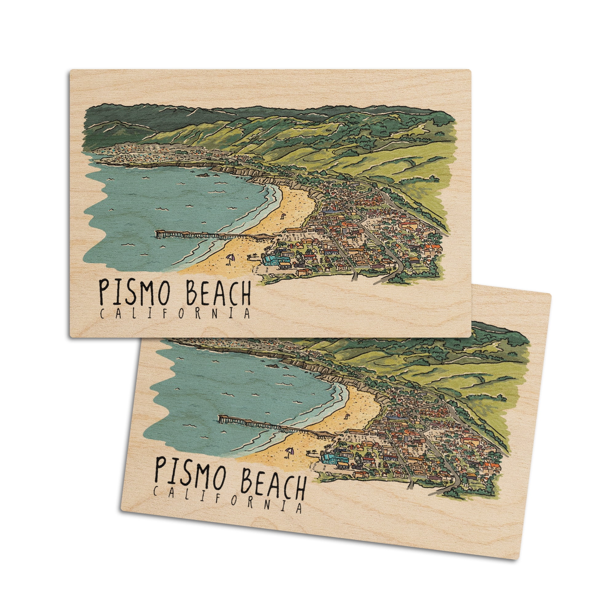 Pismo Beach, California, Line Drawing (4x6 Birch Wood Postcards, 2-Pack ...