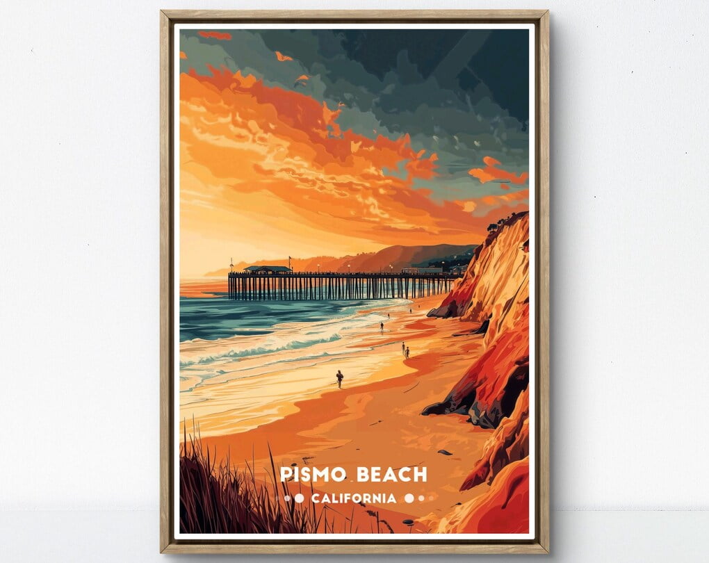 Pismo Beach Poster, Cliff Sunset Print, California Coast Art, Retro ...