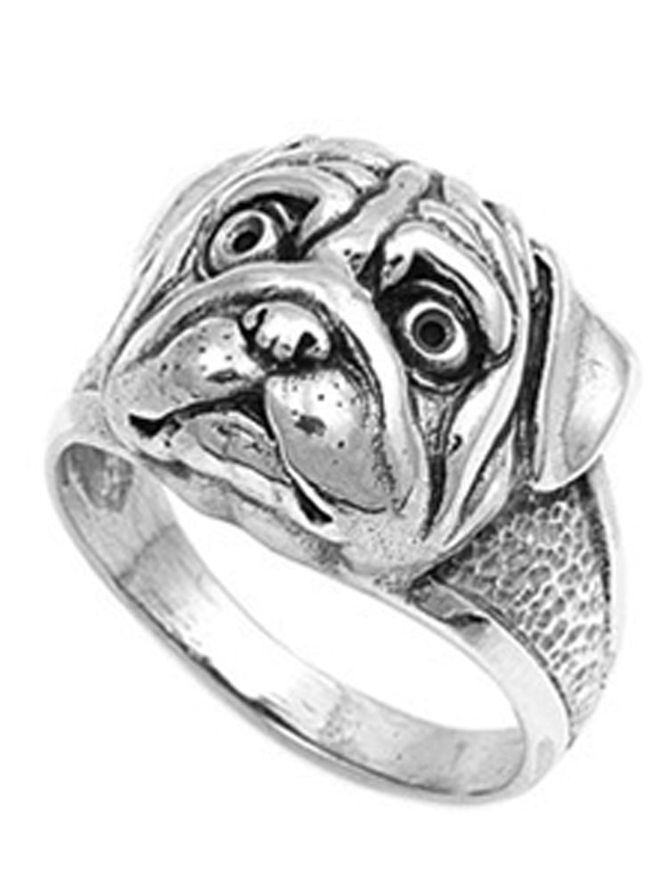 Pit Bull Dog Pug Head Animal Face Ring .925 Sterling Silver Band ...