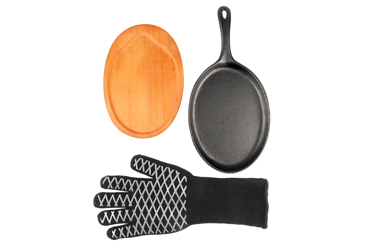 PitMaster King Pre-Seasoned Cast Iron Skillet 3pc Set with Wood Serving ...