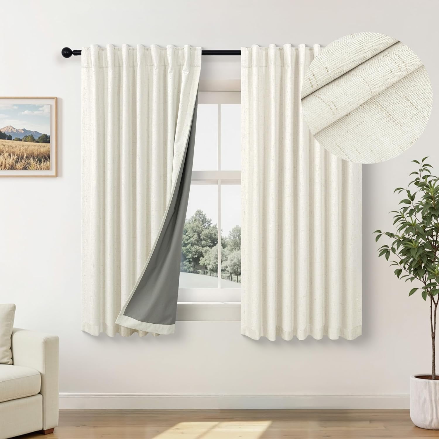 Pitalk Cream Blackout Curtains and Drapes 48 Inch Long Faux Linen ...